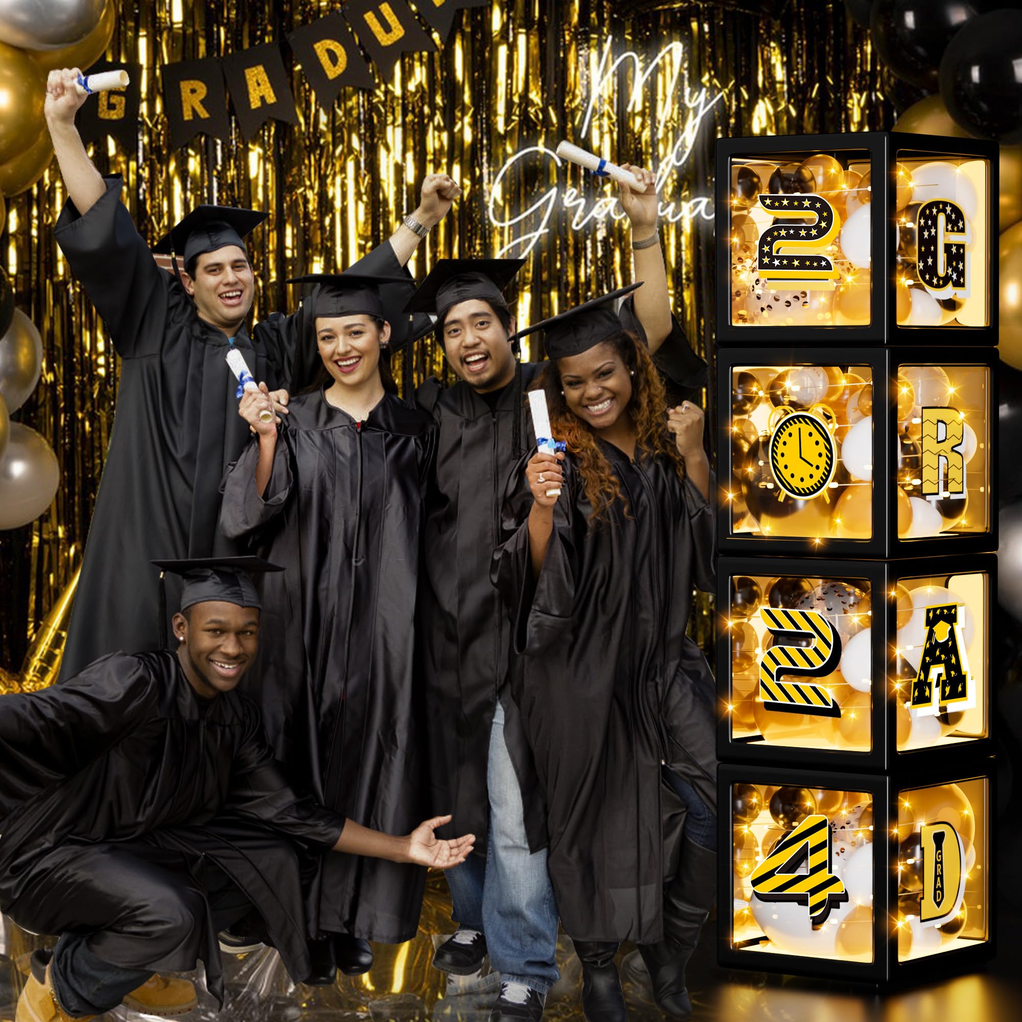 Graduation Decorations Class of 2024, 4 Black Gold Balloon Boxes with Letters Includes LED String Lights 40 Foil Balloons Backdrop for Middle College High School Grad Party Decor