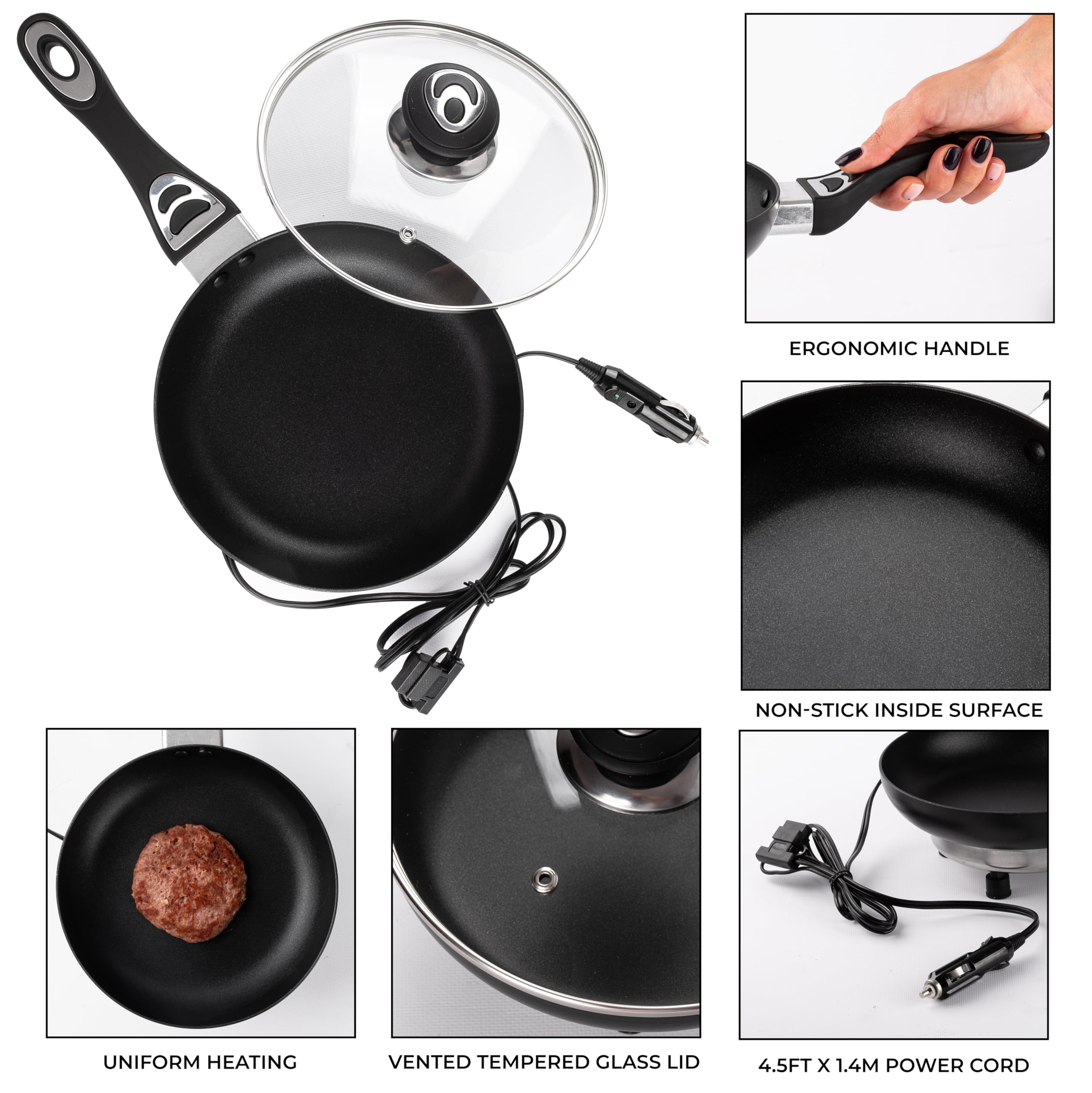 ZONETECH 12V Frying Pan with Glass Lid Portable Non-Stick 7.5-inch Pan Stay-Cool Handles, Rapid Heat Up, Portable, Perfect For Camping, Picnic and more