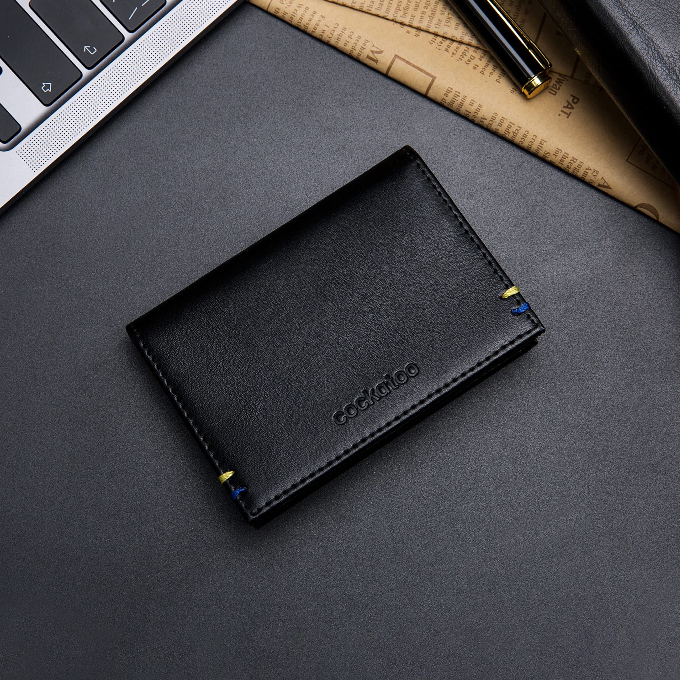 Cockatoo Business Card Case Holder for Men & Women, Genuine Leather Vertical Bifold RFID Front Pocket Wallets