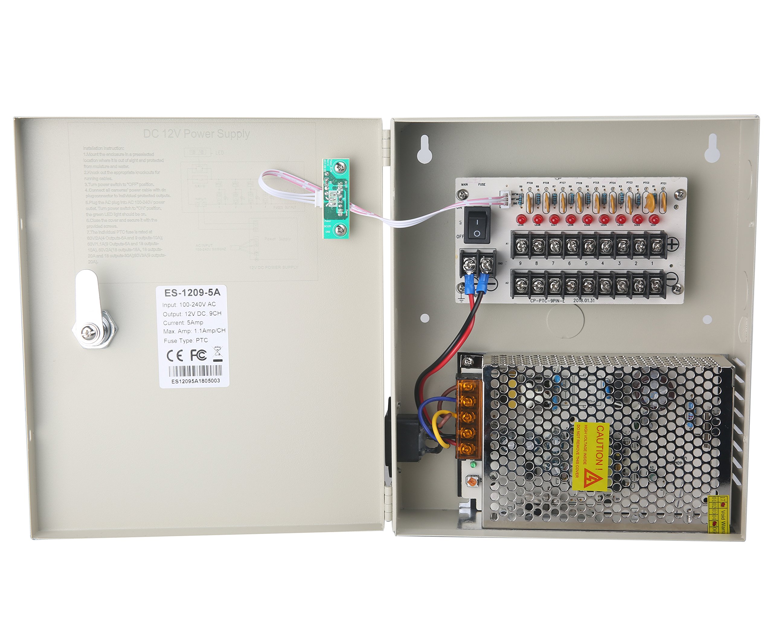 EVERSECU 9 Channel DC12V 5 Amp PTC Fuse CCTV Power Supply with Metal Box, AC Plug and Lock for Security Cameras, DVRs, IP Cameras, CCTV Cameras