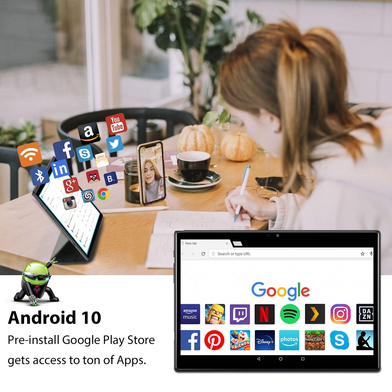 AOYODKG Android 11 Tablet 10 Inch, 4GB RAM 64GB ROM 128GB ROM Expand, Octa Core 1.6GHz Google GMS Certified Tablets, Dual Camera 5G WiFi 1280x800 Full HD IPS PC with Keyborad Mouse Stylus, AYO-9