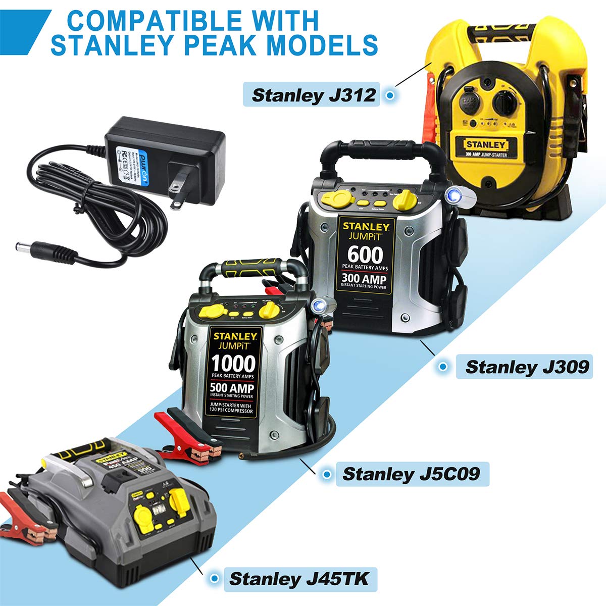 PwrON 6.6FT 13.5VDC 1A AC Adapter Compatible with Stanley J5C09 J312 J45TK Jump Starter, Stanley FATMAX 700 Peak 350 AMP J7CSR J7CS Jump Starter, Peak 300 450 600 700 Amp Jump Starter Power Station