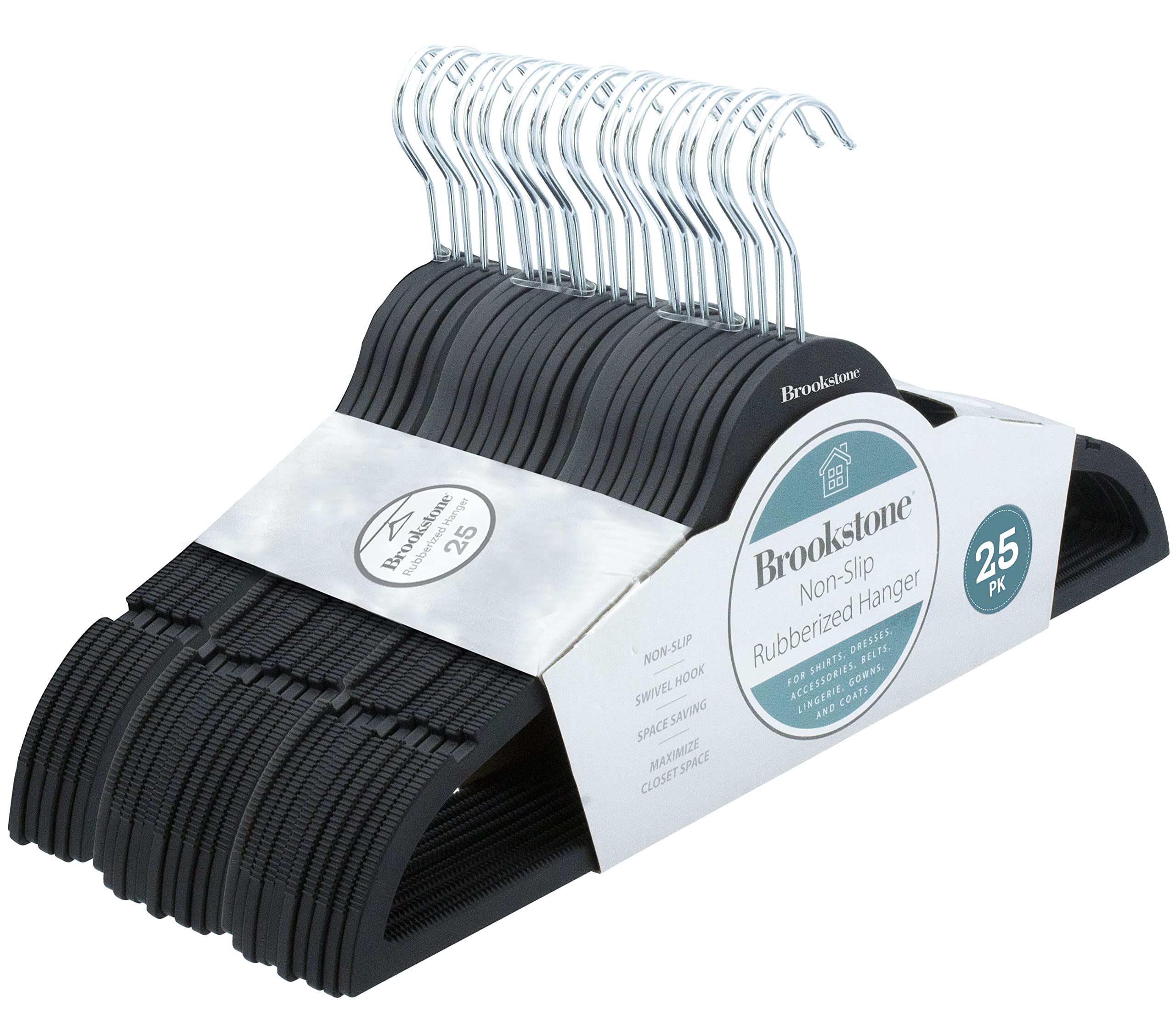 BROOKSTONE, 25 Pack [Non-Slip] 3D Rubberized Hangers, Ultra Slim Lightweight Design, Heavy-Duty, Won’t Stain Fabric, Swivel 360° Hook