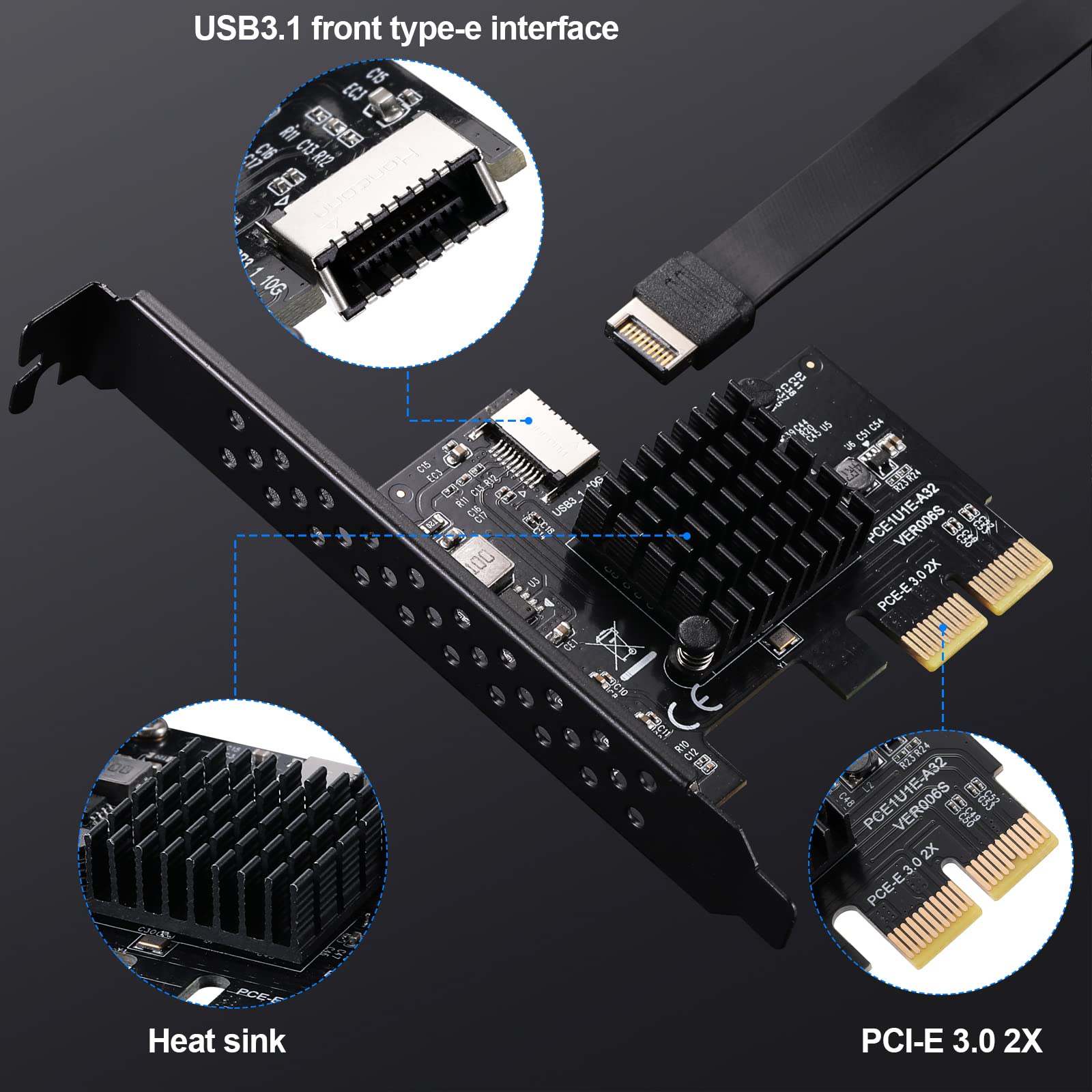 BEYIMEI PCI-E 2X to USB3.1 A-Key Gen2 Front Type-C Expansion Card,10Gbps Type-E Internal 20-pin Front Panel Connector Riser Card,PCI Express 3.0 X2 Adapter for Desktop PCs (ASM3142)