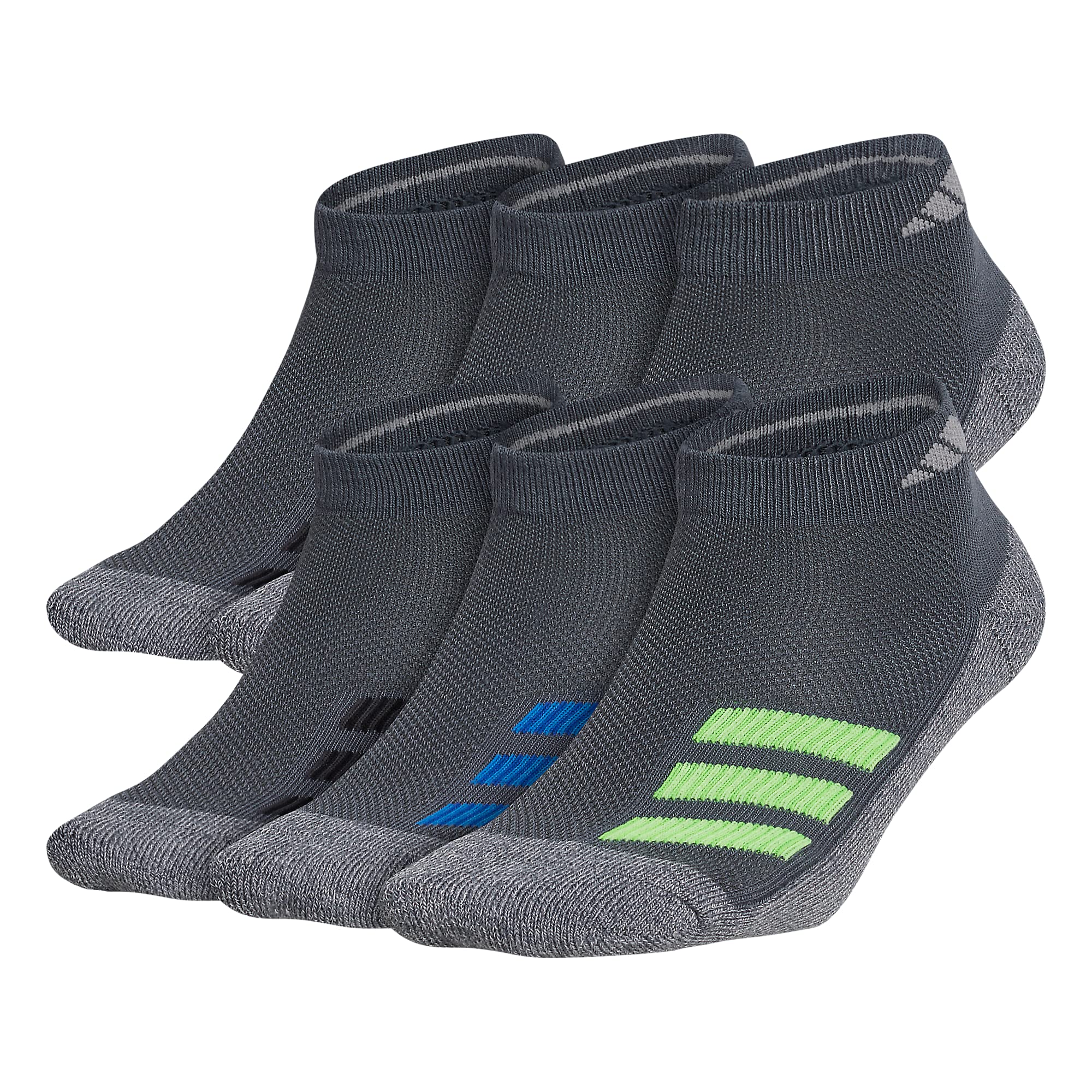 adidas Boys' Youth Cushioned Angle Stripe 6-Pack Low Cut, Onix Grey/Signal Green/Team Royal Blue, Medium