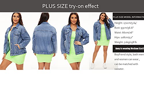 Cantonwalker Women's Oversize Vintage Washed Boyfriend Denim Jacket Long Sleeve Classic Loose Jean Trucker Jacket 003 (Light Blue Washed, L)…