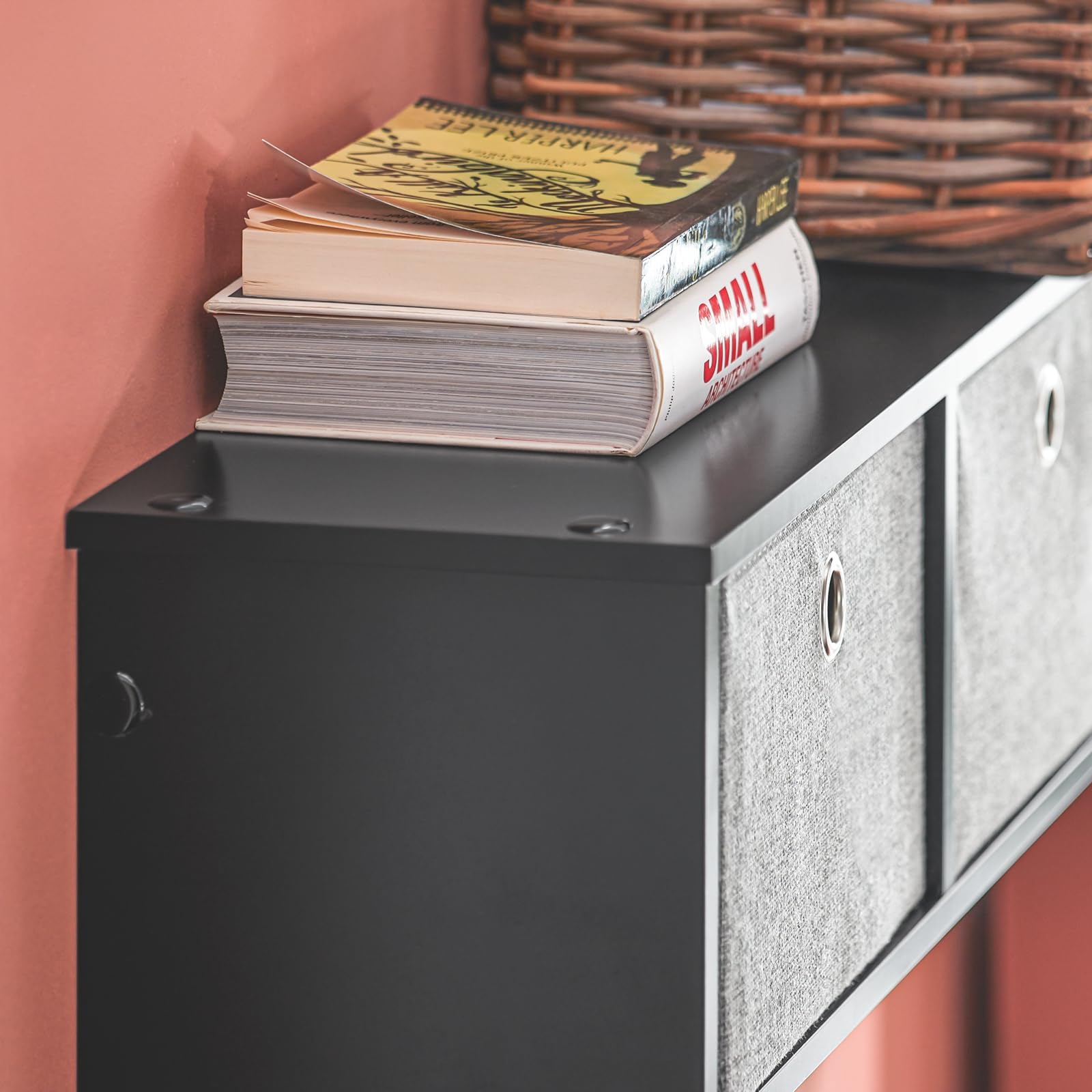 Haotian Wall Shelf with Hooks, Coat Rack Wall Mount with Shelf Entrywall Storage Cabinet Unit with 3 Baskets 5 Hooks, Black, FRG282-SCH