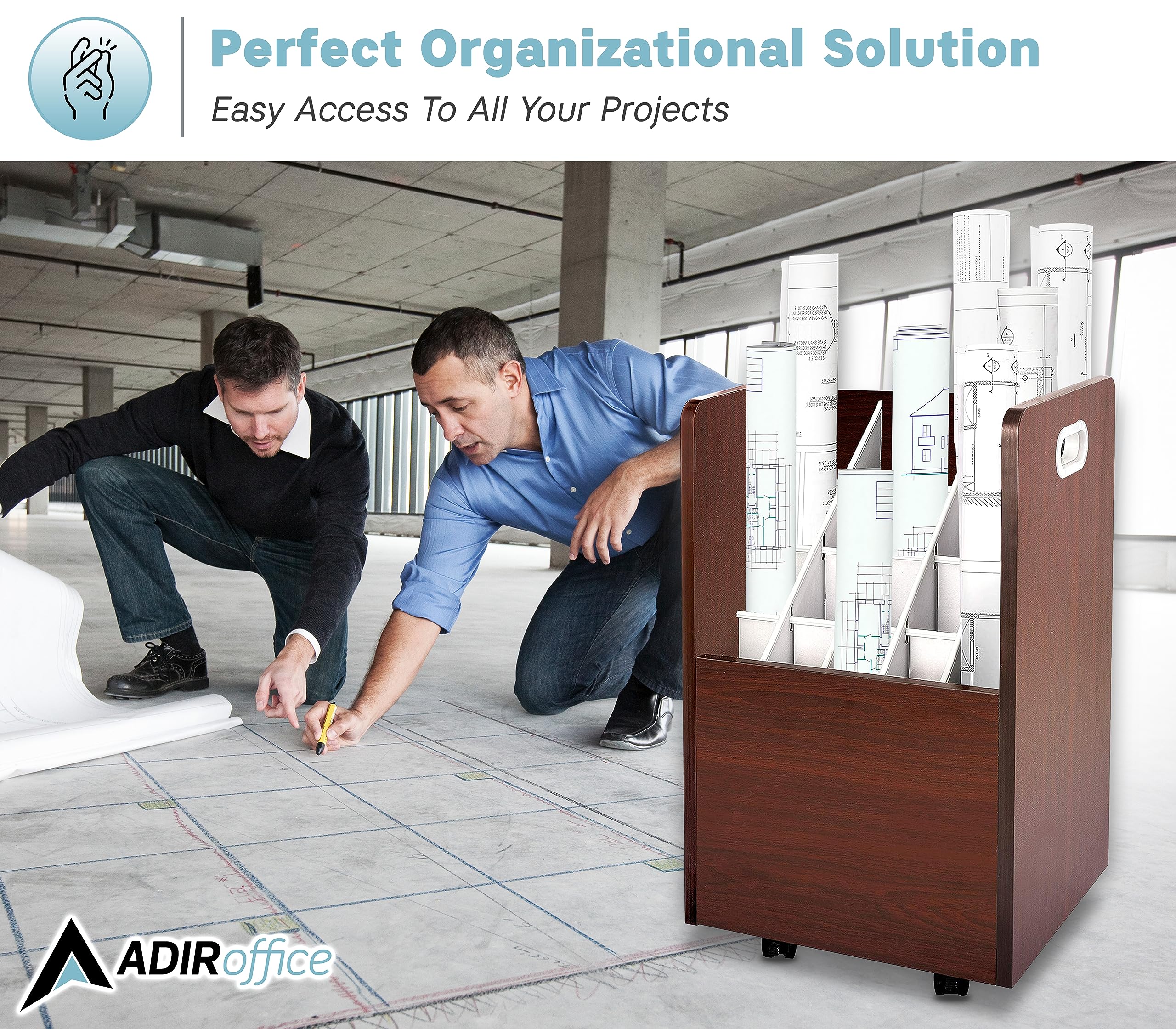 Adir Mobile Blueprint Roll File Holder - Mobile Roll File Organizer Cart for Home Office or School. 20 Slots Blueprint File Holder with Wheels for Maps, Plans, Posters