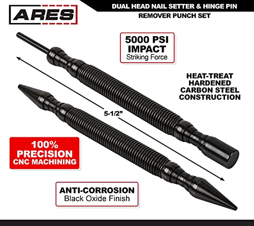ARES 10012 – 2-Piece Dual Head Nail Setter & Hinge Pin Remover Punch Set – Nail Setter Features 1/32-Inch (#1) and 1/16-Inch (#2) Dual Head Design – CNC-Precision Machined - 5000 PSI Striking Force