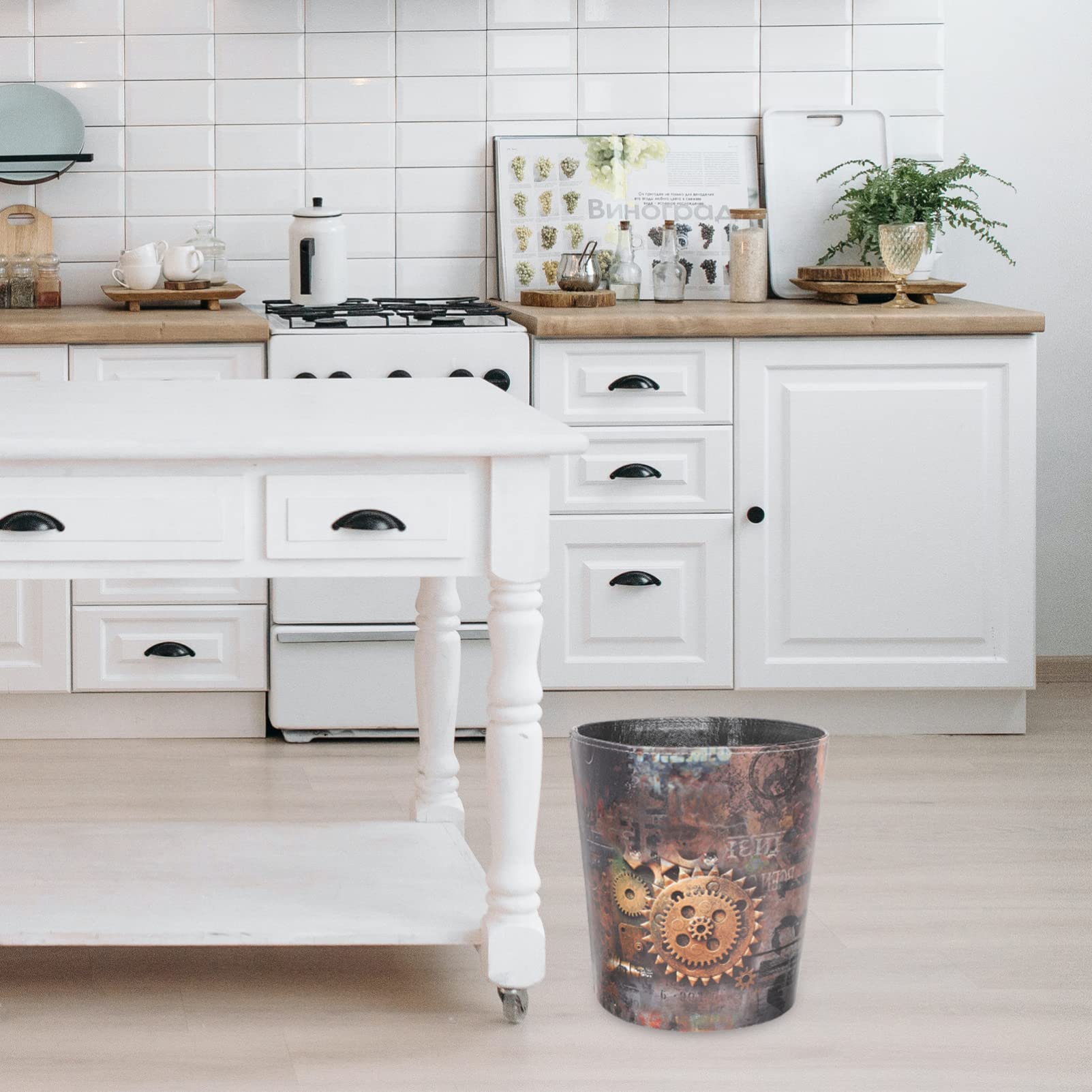 ARTSIM PU Leather Trash Can Steampunk Gear Wheel Garbage Bin Wastebasket Trash Bins Storage Container for Home Bathroom Kitchen Office