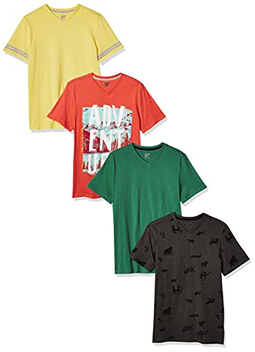 Amazon Essentials Boys' Short-Sleeve V-Neck T-Shirt Tops (Previously Spotted Zebra), Pack of 4, Jade Green/Pale Yellow/Charcoal, Animal, Small