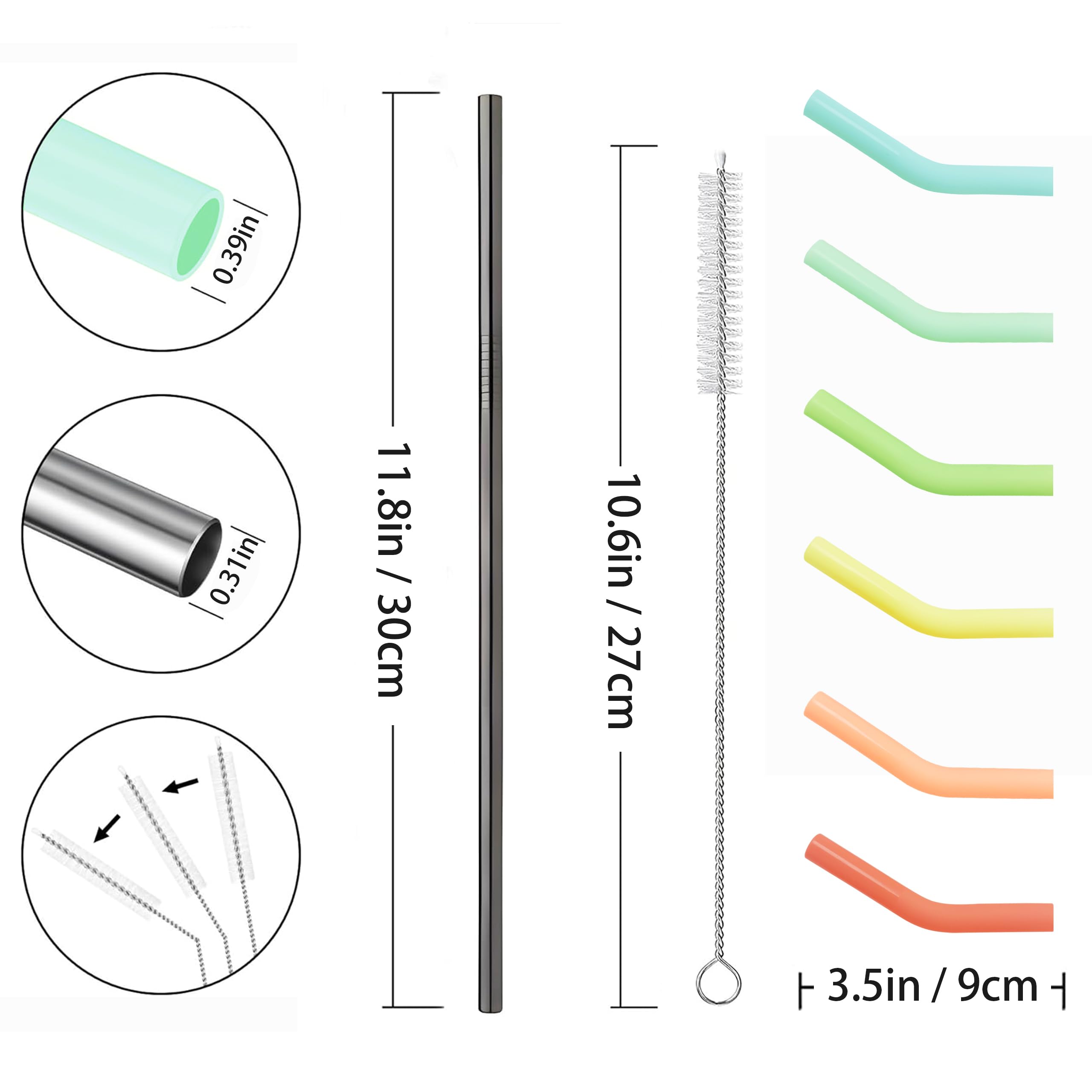 5 PCS Metal Straws Reusable with Silicone Tip and Cleaning Brush, Stainless Steel Straws Replacement for 40 oz Stanley Tumbler and 24 oz Cup (8mm Sliver)