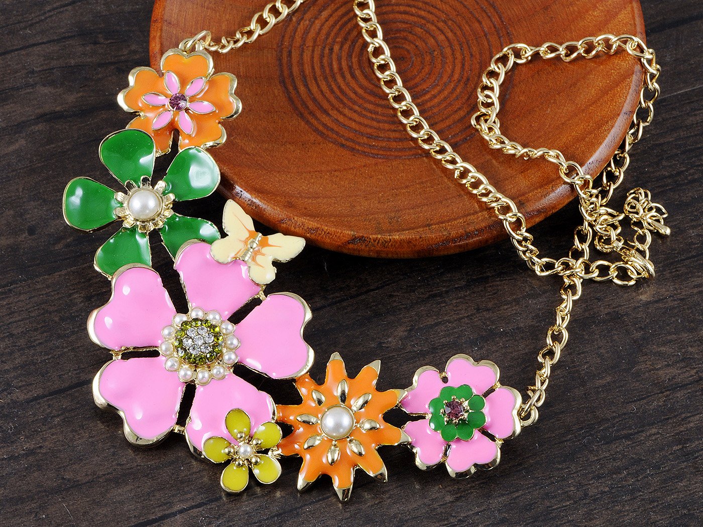 Alilang Womens Golden Tone Faux Pearl Floral Pink Multicolor Enamel Flower Bib Statement Necklace