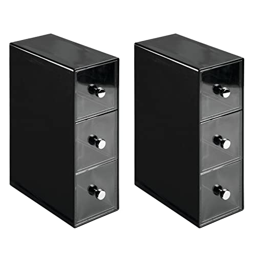 mDesign Plastic Kitchen Pantry Stackable Storage Organizer Container Station, 3 Drawers for Cabinet, Countertop, Holds Coffee, Tea, Sugar Packets, Creamers, Lumiere Collection, 2 Pack - Black/Clear