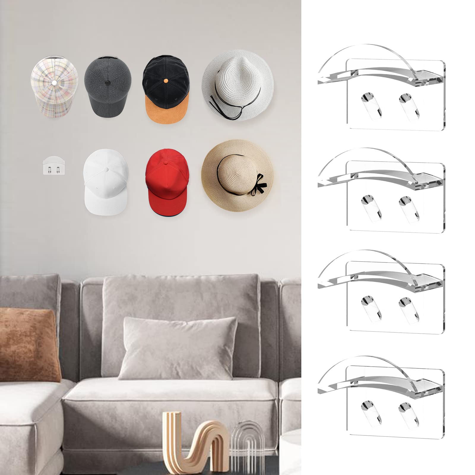 Heynew Adhesive Hat Hooks for Wall - Hat Rack for Baseball Caps,Cowboy Hat Hanger Cap Holder Organizer for Room, Closet & Storage Organizer