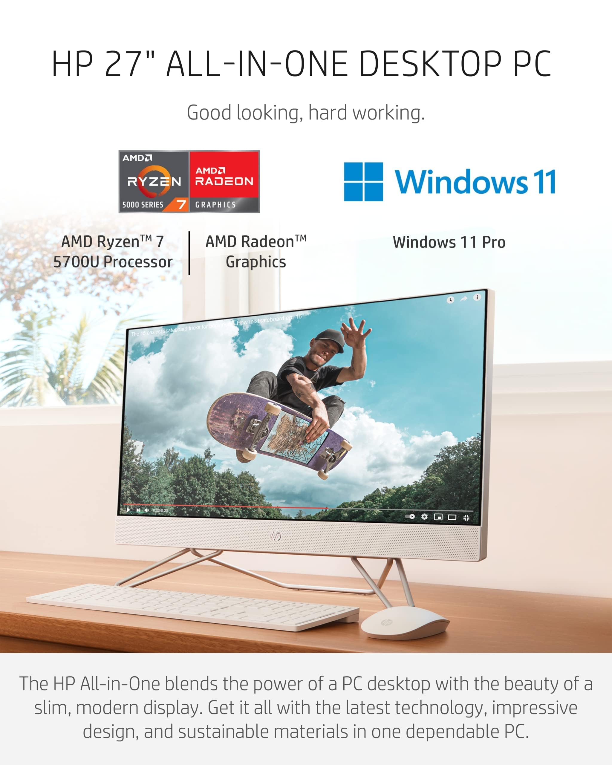 HP All-in-One Desktop Computer, 27" Touchscreen FHD, Octa-Core AMD Ryzen 7 5700U (Beat i7-1165G7), 32GB DDR4 RAM, 1TB PCIe SSD, WiFi, Bluetooth, KB & Mouse, Windows 11 Pro, BROAG 64GB Flash Stylus