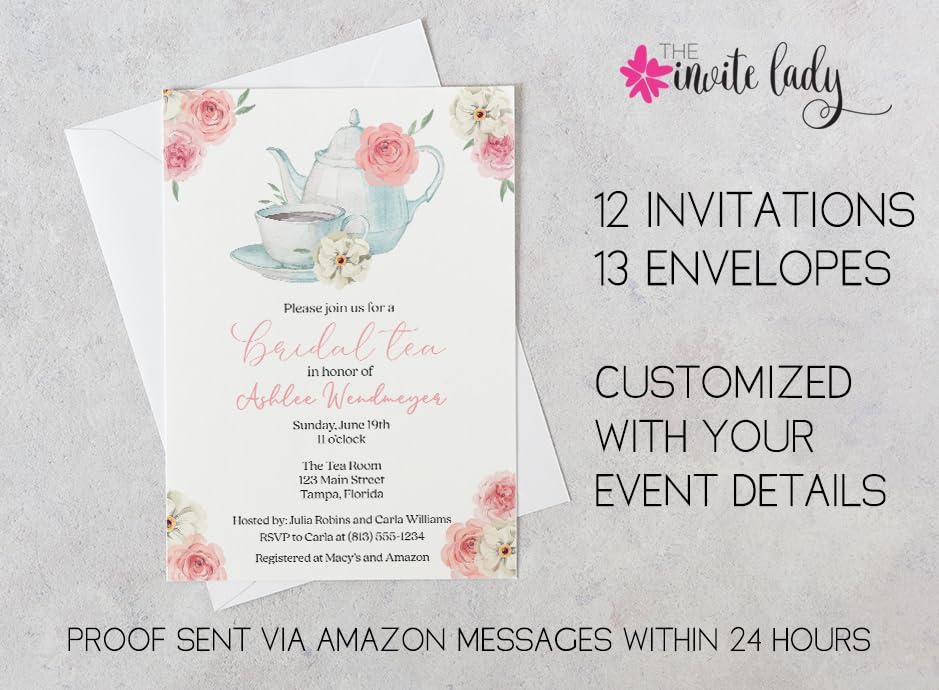 Bridal Shower Invitations Wedding Tea Party Invites Pink English British High Tea Cup Floral Flowers Cake Cookies Brunch Luncheon Customized Printed Cards (12 Count)
