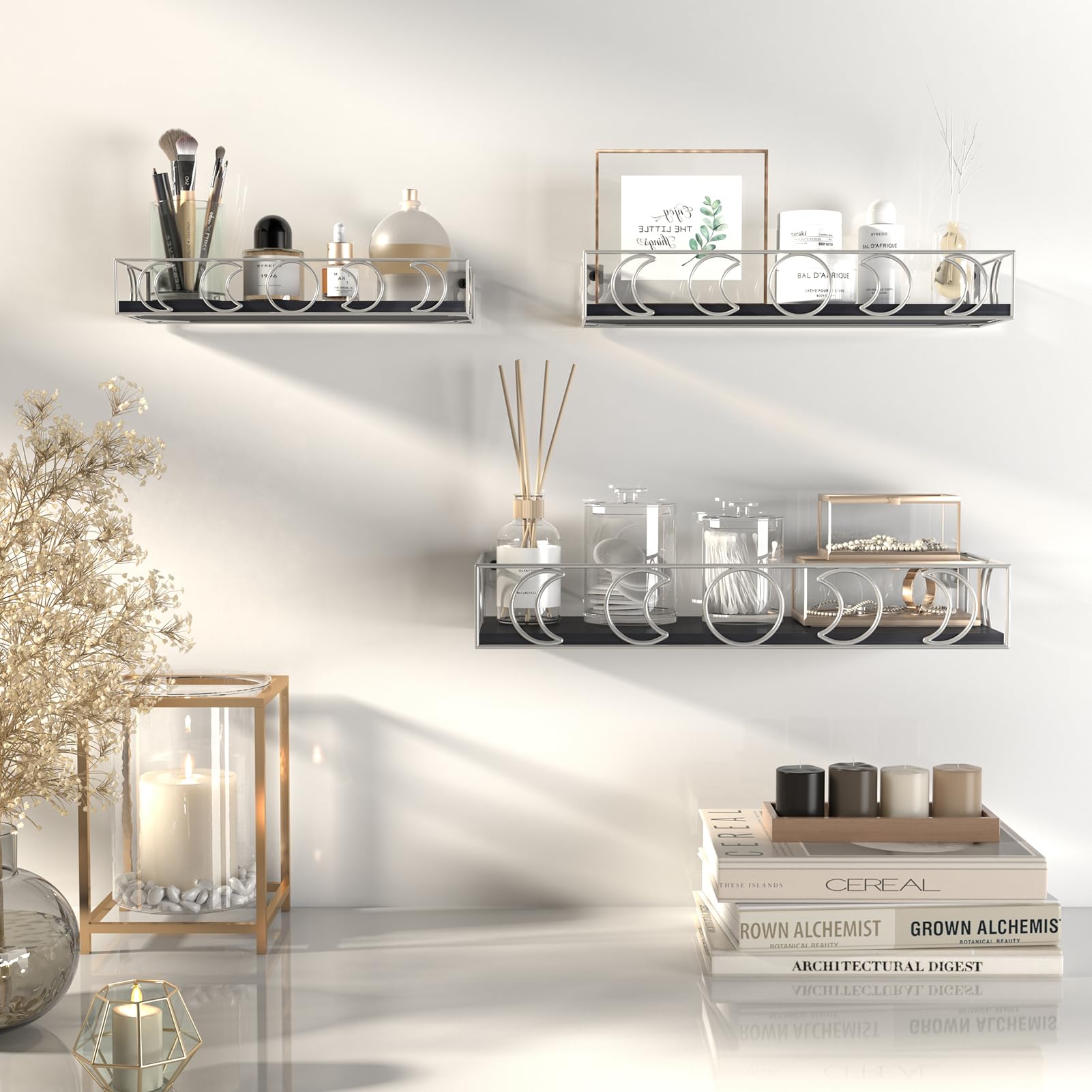 PHAREGE Moon Phase Floating Shelves Black Silver, Set of 3 Small Decorative Wall Shelves for Book Plant Storage, Crystal Figurine Collectibles Display Shelf for Bedroom Kid Room