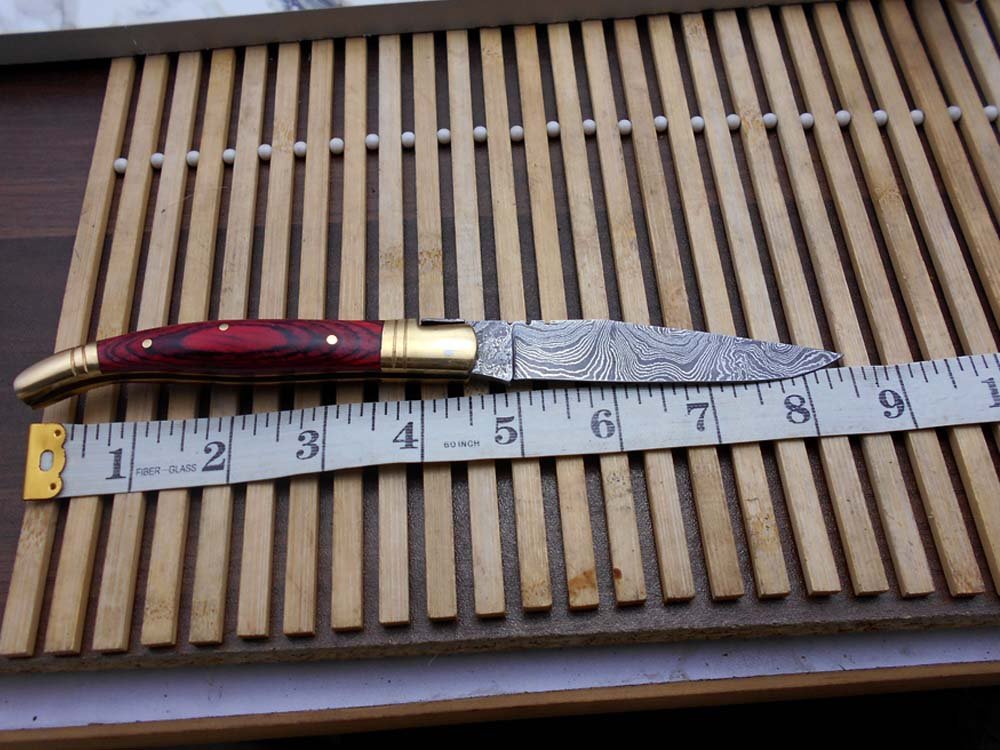 5 Pieces Laguiole Folding Damascus Steel Knife, Red, Blue, White, Black & Brown 5 Scale Colors with Brass Bolster. Cow Hide Leather Sheath Included