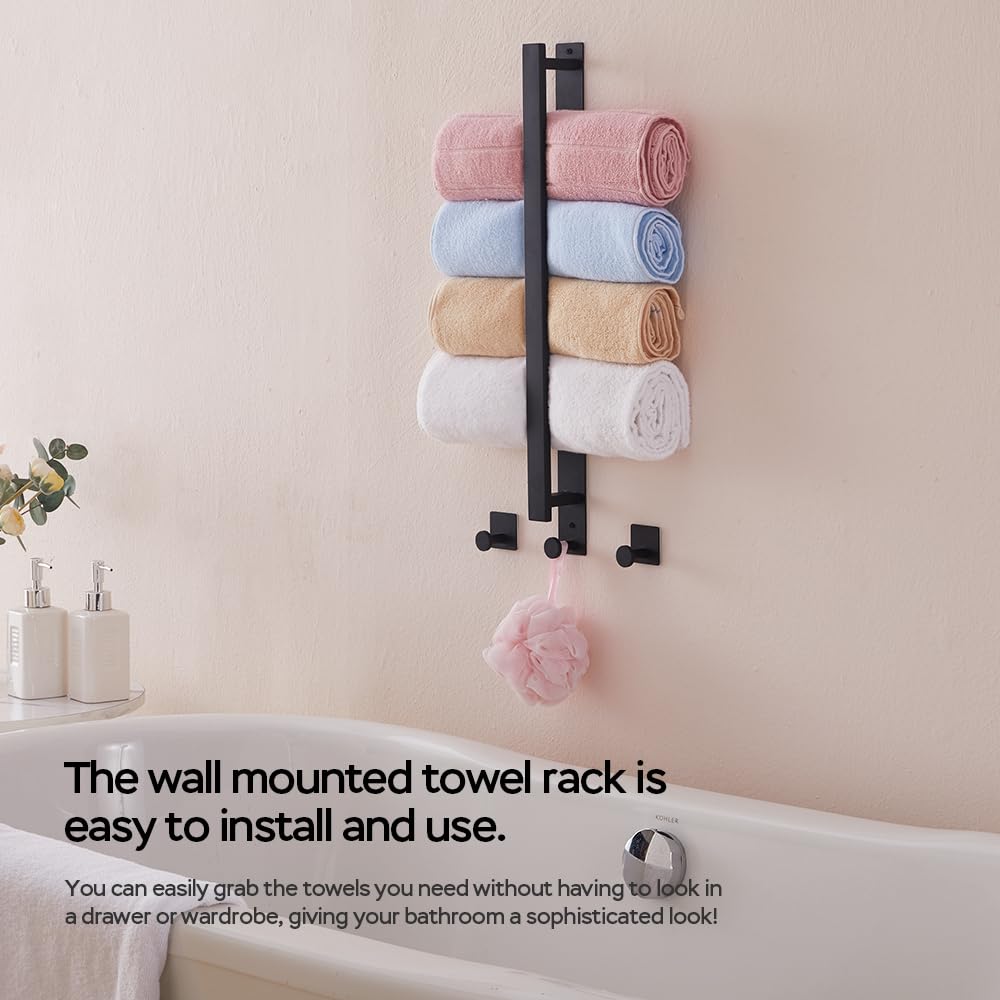 Bathroom Towel Rack 304 Stainless Steel Towel Holder with 2 Piece Hooks, Wall Mounted Towel Hanger fit Bathroom Accessory Kit - Drilling Required(Black, 31.5 INches)