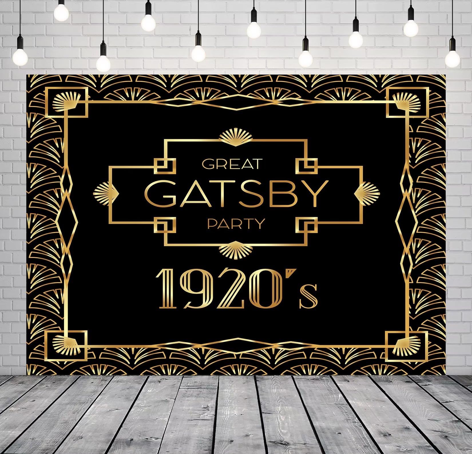 CORFOTO Fabric 9x6ft Gatsby Backdrop Photography Background for Birthday Party Decoration Black Gold Pattern Retro 1920s Roaring Holiday Celebration Prom Banner Dining Room Wall Hanging Props