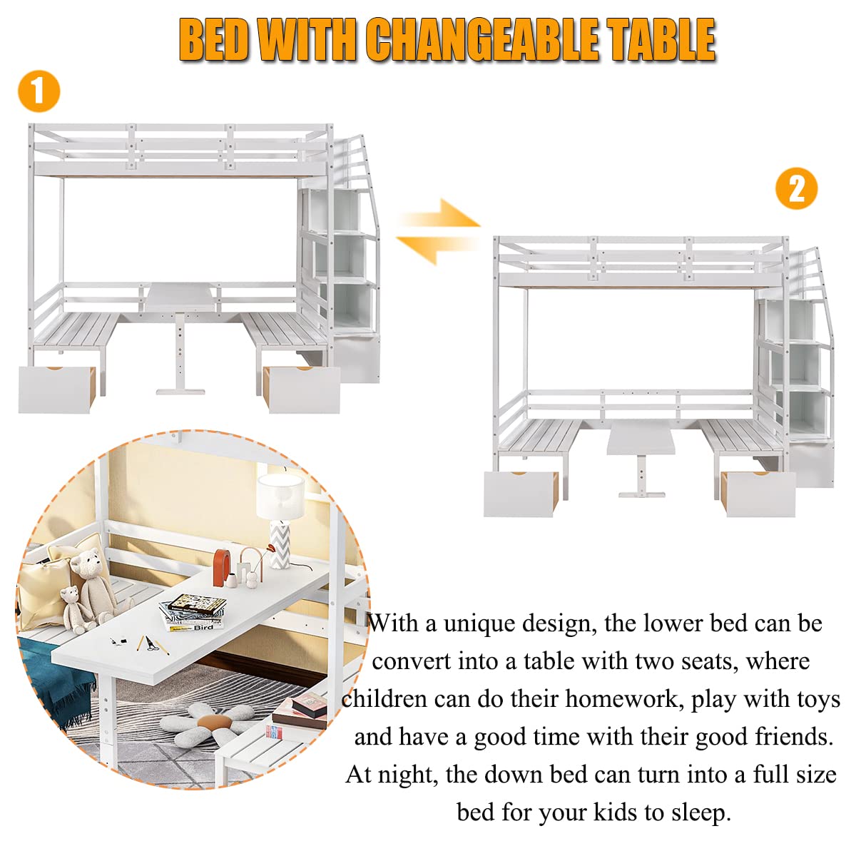 MERITLINE Full Loft Bed with Stairs and Desk, Wooden Full Loft Bed with Desk, Bunk Bed Full with Convertible Seats and Table Set Underneath for Kids Girls Boys Teens,White
