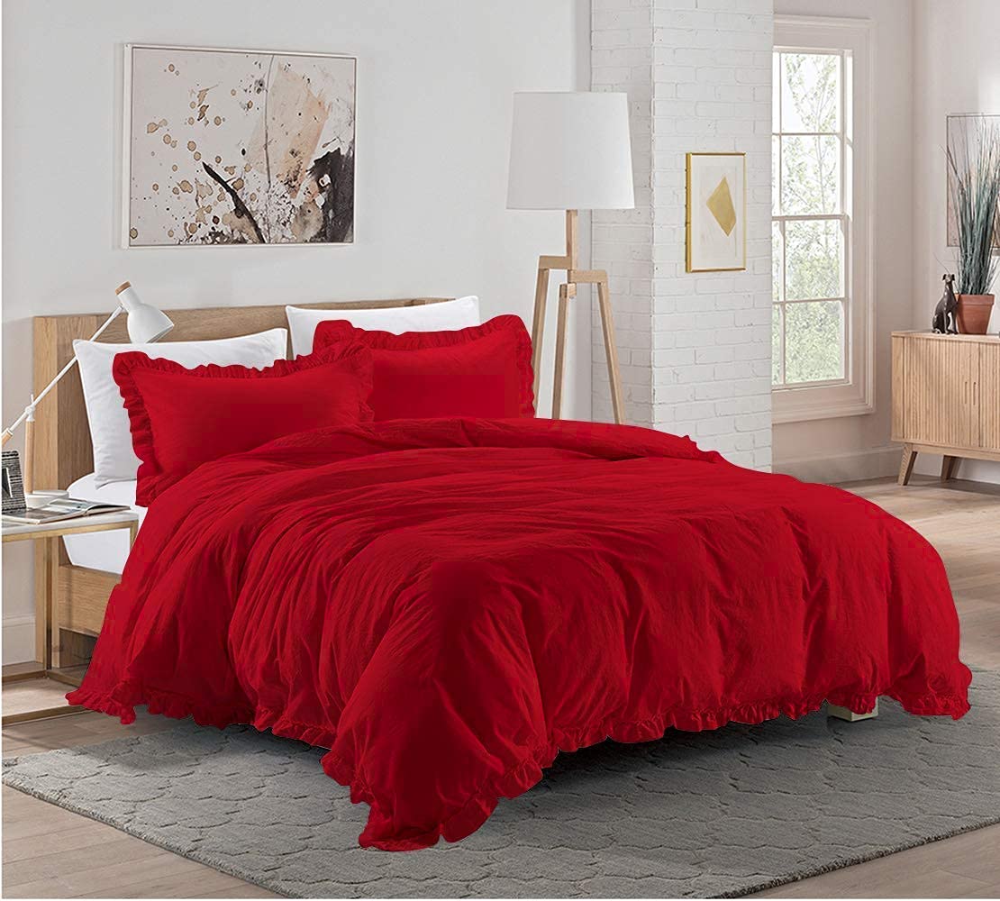 Xtream Fabric 1 Piece Frilled Duvet Cover with Corner Edge Ruffle Comforter Cover & 2 Pillowcase, 3 PCs Frilled Duvet Set Cotton 800 TC King/California King Size, Red