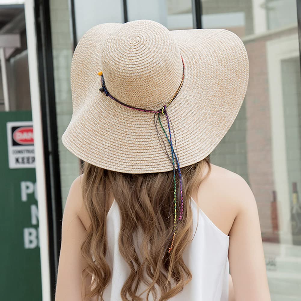 Adrinfly Women Floppy Beach Hat, Wide Brim Straw Sun Hat, Travel Foldable Packable Adjustable Summer Accessories UV UPF 50+ Khaki