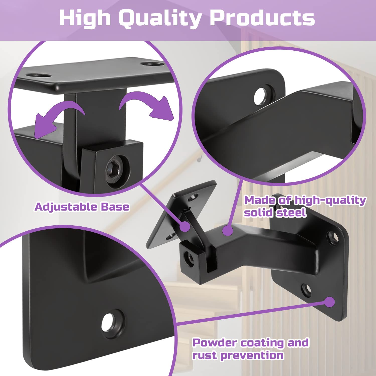 Adjustable Black Handrail Bracket for Indoor Stairs, DIY Wall Mounted Stair Railing Bracket, for Stairs, Corridors111