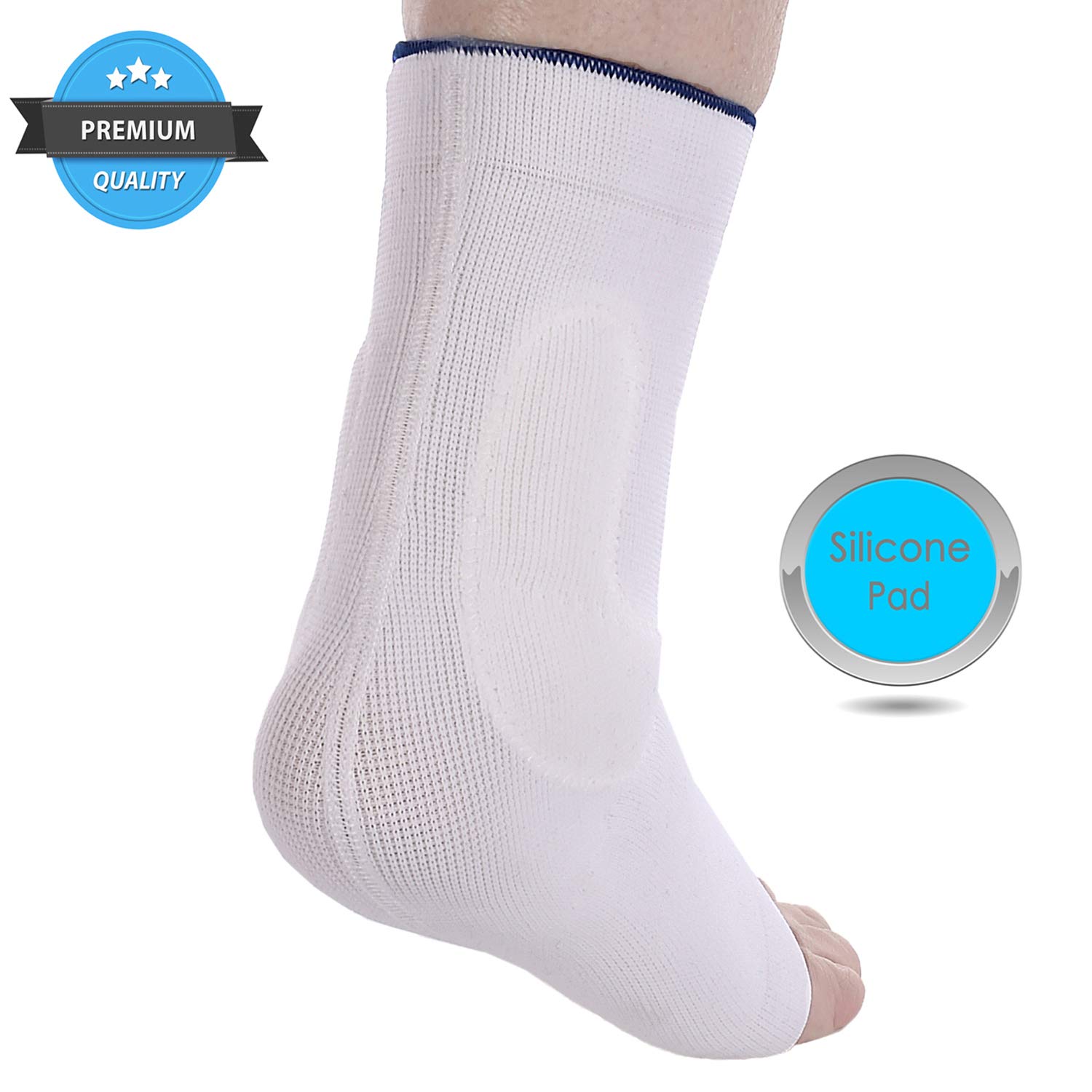 Active Pro VP Ankle Brace Sleeve with Contoured Silicone Pads, Additional Support for Ankle Sprains, Arthritis, Tendonitis, Swelling and Joint Effusion (White with Blue, L [9" - 9.75"])