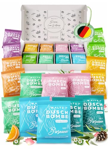 WALTZ 7 Shower Steamer Set, 16 Pieces, 8 Scents, German Quality Essential Oils, Aromatherapy Bombs, Stress Relief, Self Care Christmas Gift for Women, Men, Mom, Birthday, Stocking Stuffers Adults