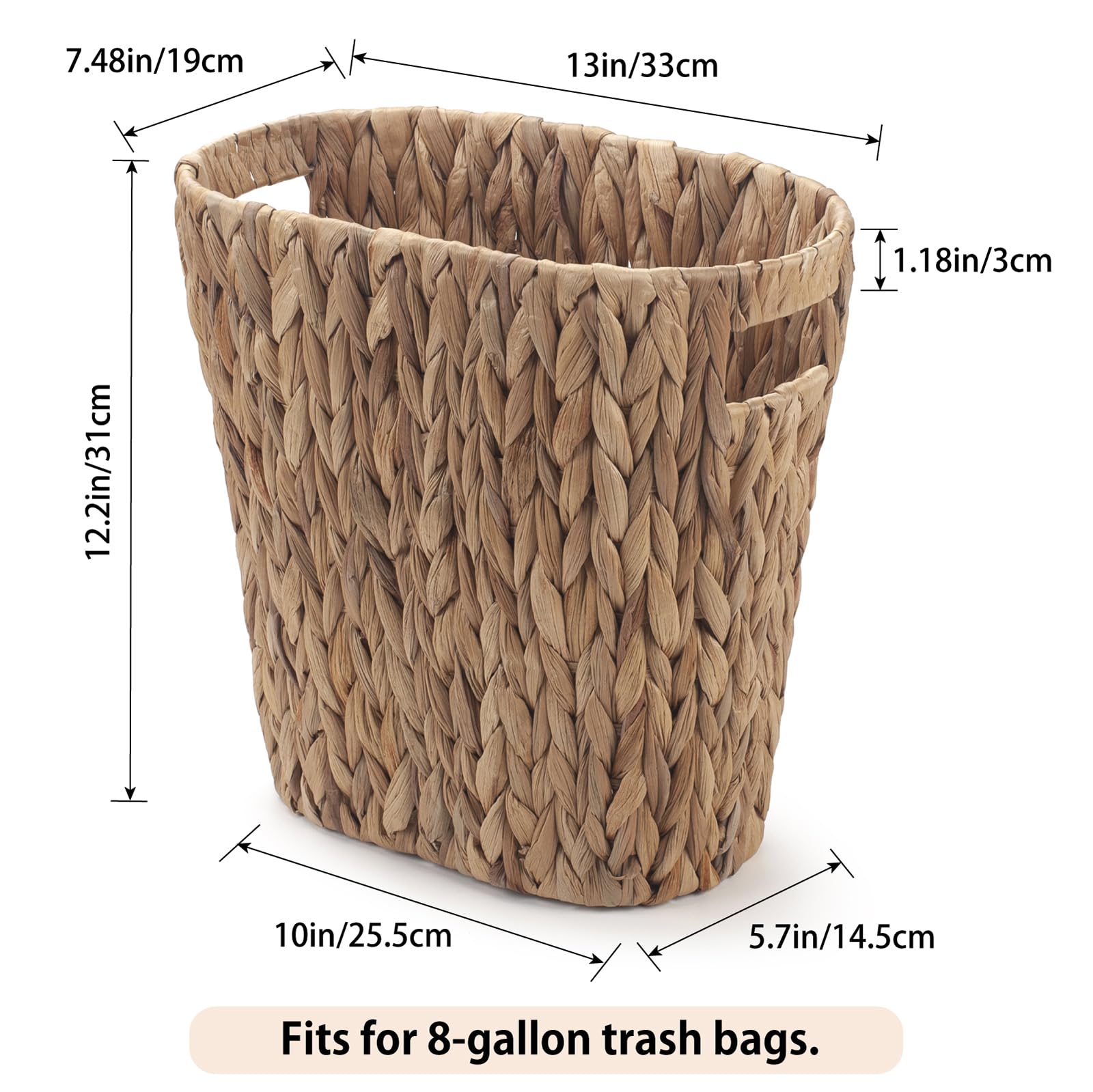 Bathroom Trash Can, Handwoven Wicker Trash Can with Handles for Bedroom, Living Roon, Kitchen, Bathroom and Office, Water Hyacinth Wicker Waste Basket, 1 Pack, 13"L x 7.5"W x 12.2"H, 3.2 Gallon