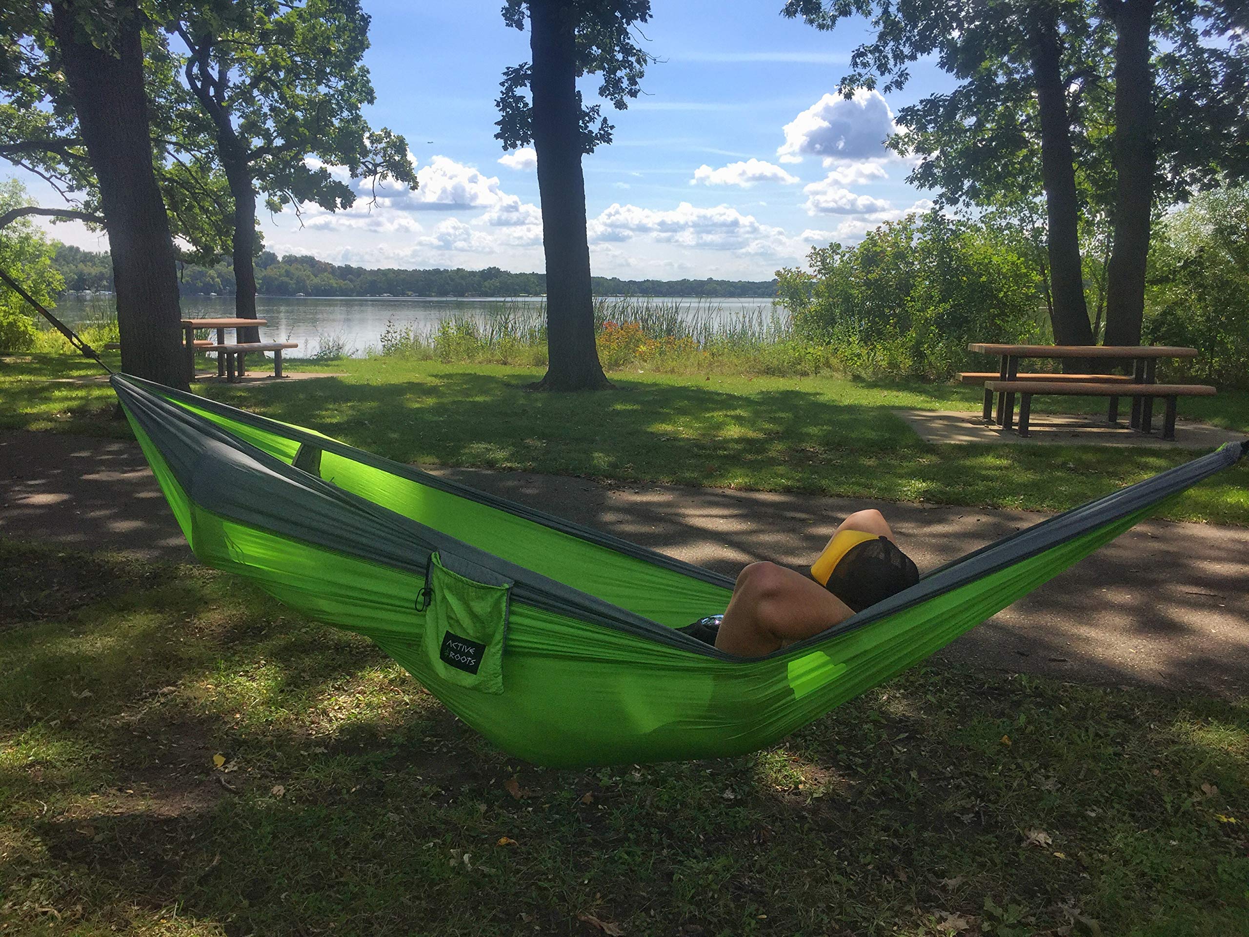 Active Roots Double Camping Hammock with Tree Straps - Portable Hammock, Parachute Nylon Lightweight Hammock for Backpacking, Travel, Indoor, Outdoor (Green/Grey)