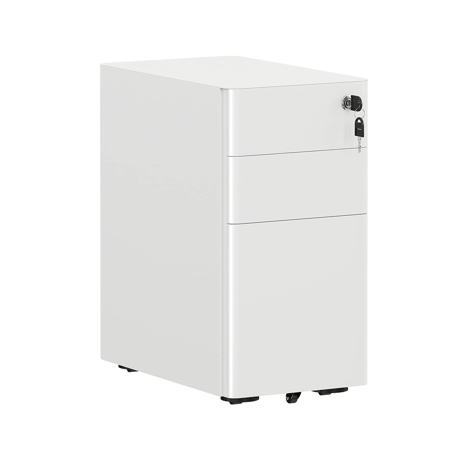 AMISEN File Cabinet，3-Drawer Metal Mobile Filing Cabinets Office Drawer with Lock，Slim Storage Cabinet for Legal/Letter/A4 File, Fully Assembled Including Casters, White