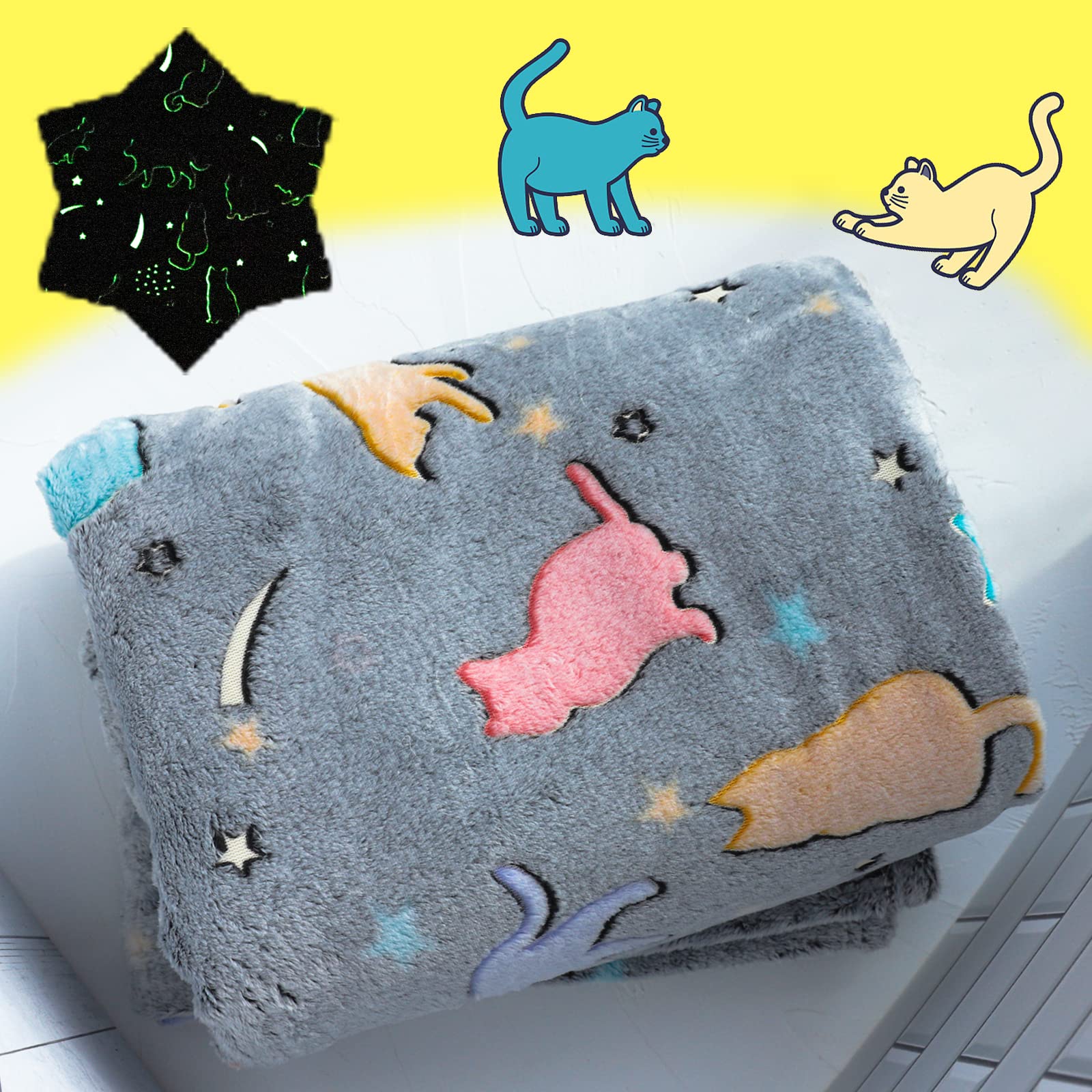 Best Gift Christmas Glow in The Dark Cute Cat Throw Blanket with Storage Bag, Soft Throw Blanket for Girls Boys, Birthday Gifts, Girls Blanket Kids Blanket,Day Care Home Travel Use,50"x60" Grey
