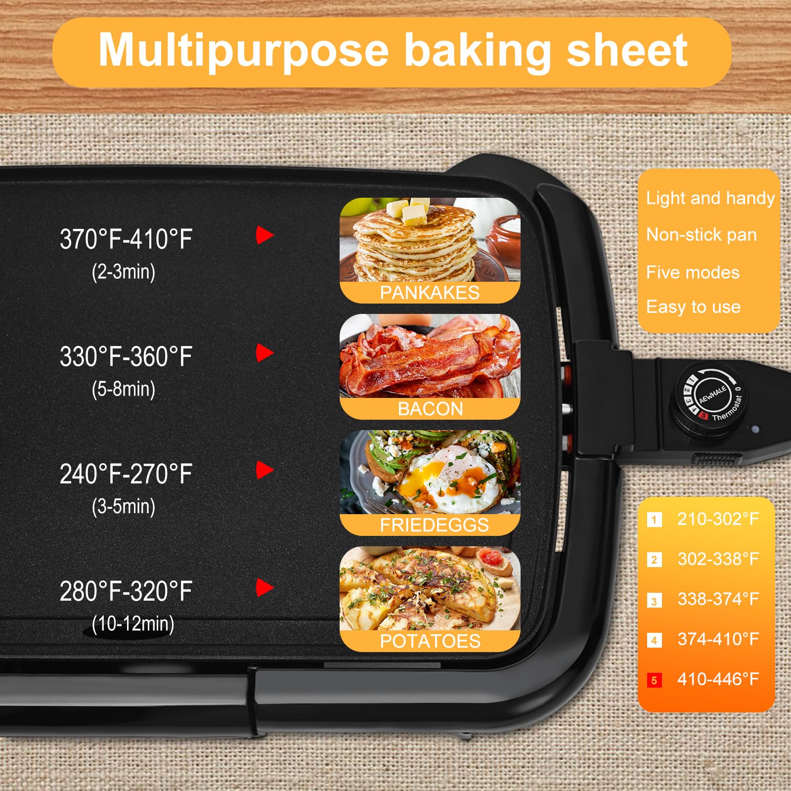 AEWHALE Electric Griddle with Nonstick Surface,Cool-touch Handles Pancake Griddle,Removable Temperature Control