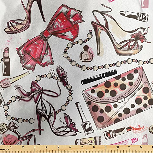 Lunarable Fashion Fabric by The Yard, Feminine Objects Concept with Make up Lipstick Perfume High Heel Shoes and Hand Bag, Decorative Satin Fabric for Home Textiles and Crafts, 1 Yards, Multicolor