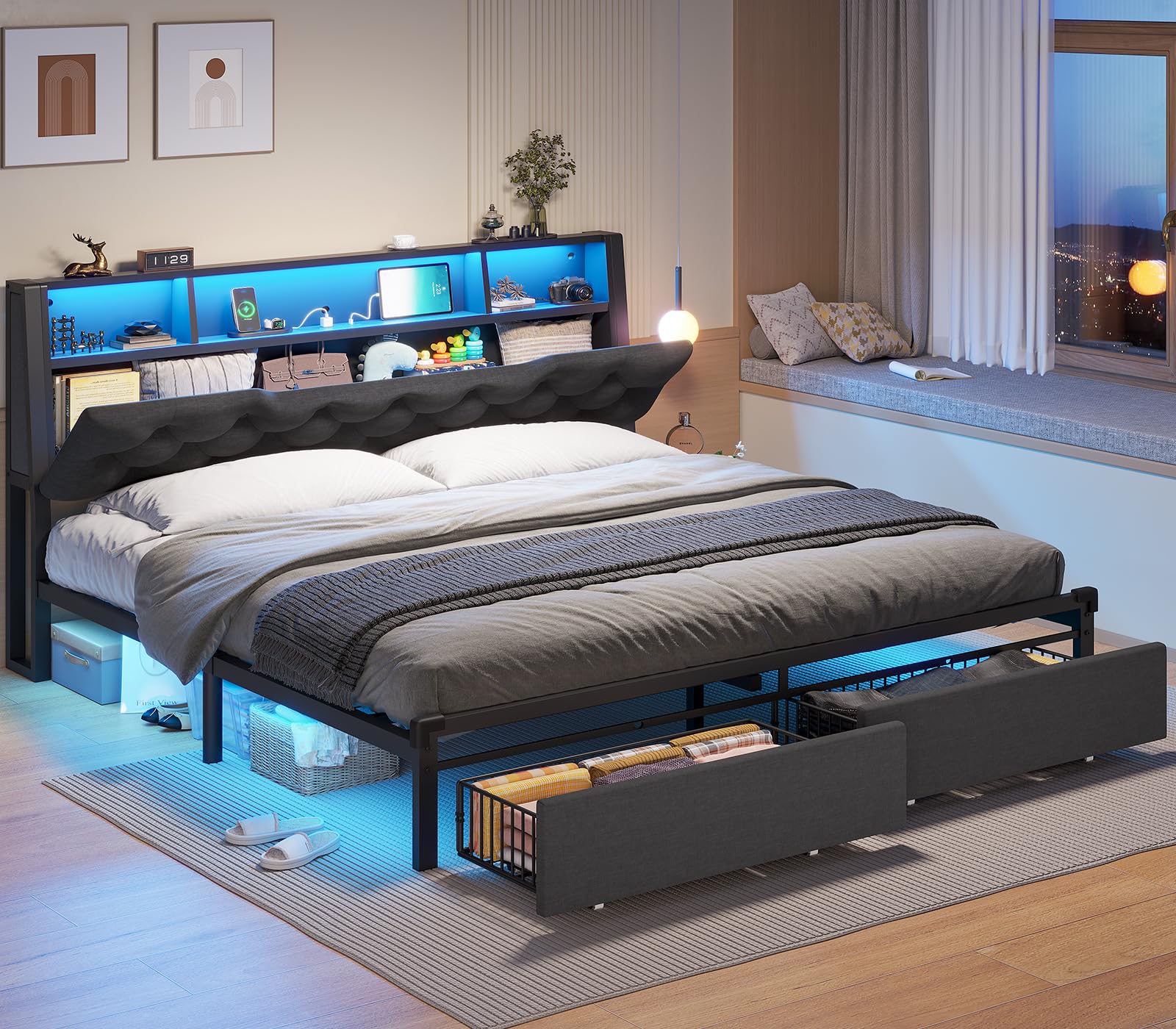 HAUOMS Full Size Bed Frame with 2 Storage Drawers & LED, Platform Bed Frame Full with Hidden Storage Headboard and Type-C & USB Charging Station, No Box Spring Needed, Nice Appearance, Dark Grey