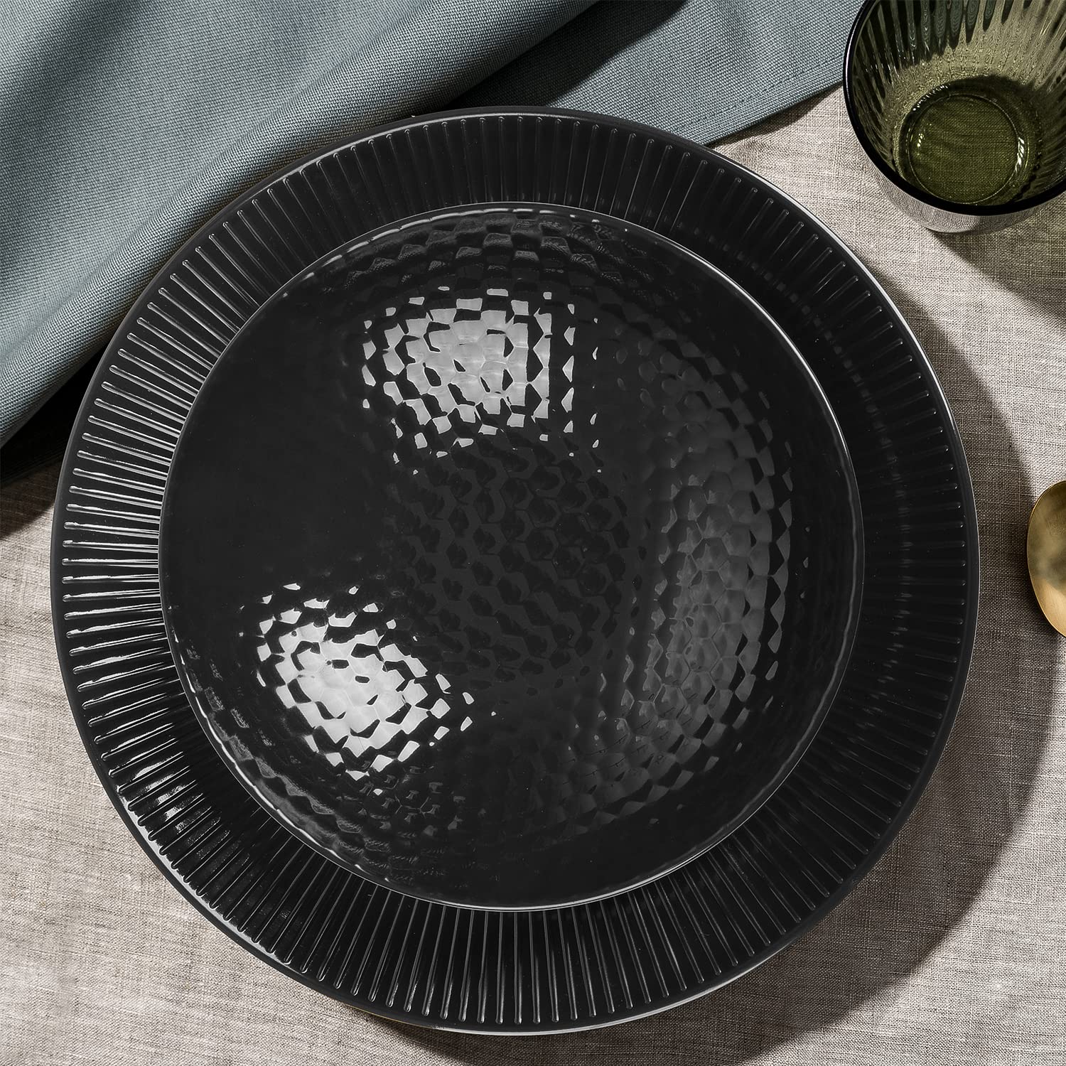 afcevnlb Black Dinnerware Sets 12 pcs Melamine Plates and Bowls Sets Round Dinner Set with Plates, Dishes, Bowls and Serving Platters, Kitchen Dinnerware Sets for 4
