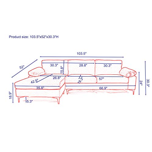 ZoooaH Sofas for Living Room Black Couch Sectional Sofa Left Hand Facing Chaise