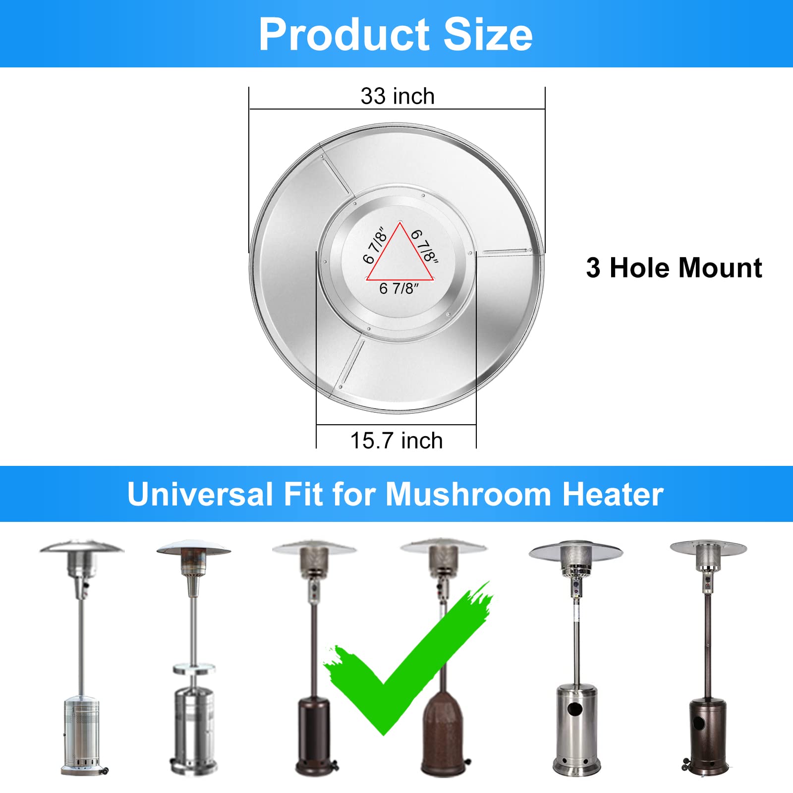 ARLBA Upgraded Outdoor Patio Heater Reflector Shield, Propane Heat Reflector Shield Top for Outdoor Heaters,Outdoor Heater Replacement Dome Part with All Hardware,33" Universal Fit(3-Hole Mount)