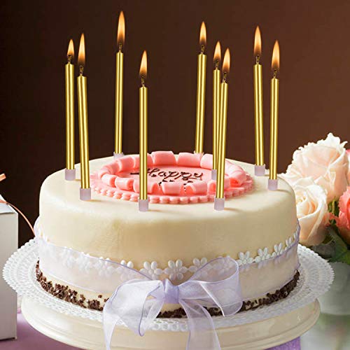 LUTER Metallic Birthday Candles in Holders Tall Birthday Cake Candles Long Thin Cupcake Candles for Birthday Wedding Party Decoration(24 Pieces) (Gold)