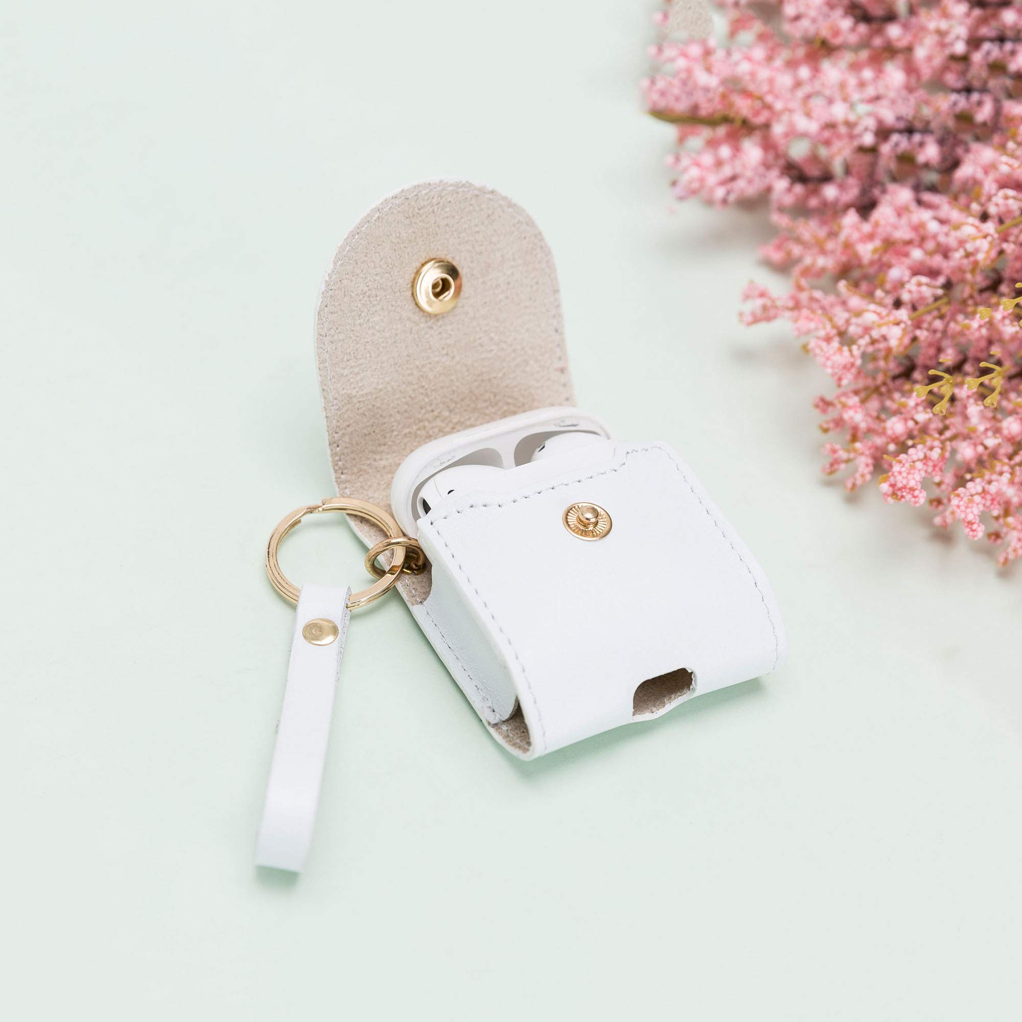 AirPods 2 & 1 White Full Grain Leather Case Personalized Cover Supports Wireless Charge Maximum Protect