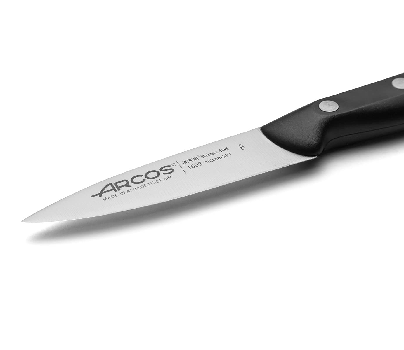 ARCOS Paring Knife 4 Inch Stainless Steel. Professional Kitchen Knife for Peeling Fruits and Vegetables. Ergonomic Polyoxymethylene Handle and 100mm Blade. Series Maitre. Color Black