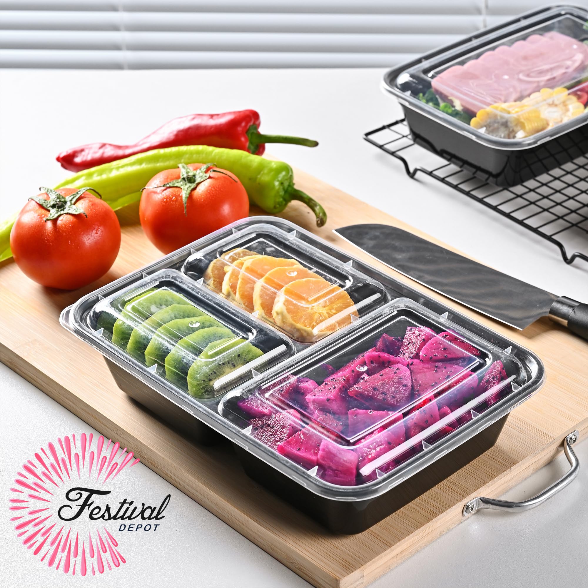 Sports Festival 22 Pack Meal Prep Containers, 43OZ Bento Box, 3 Compartment Divided Food Storage Containers Durable Stackable Reusable, For Microwave/Dishwasher/Freezer(22 Trays & 22 Lids)