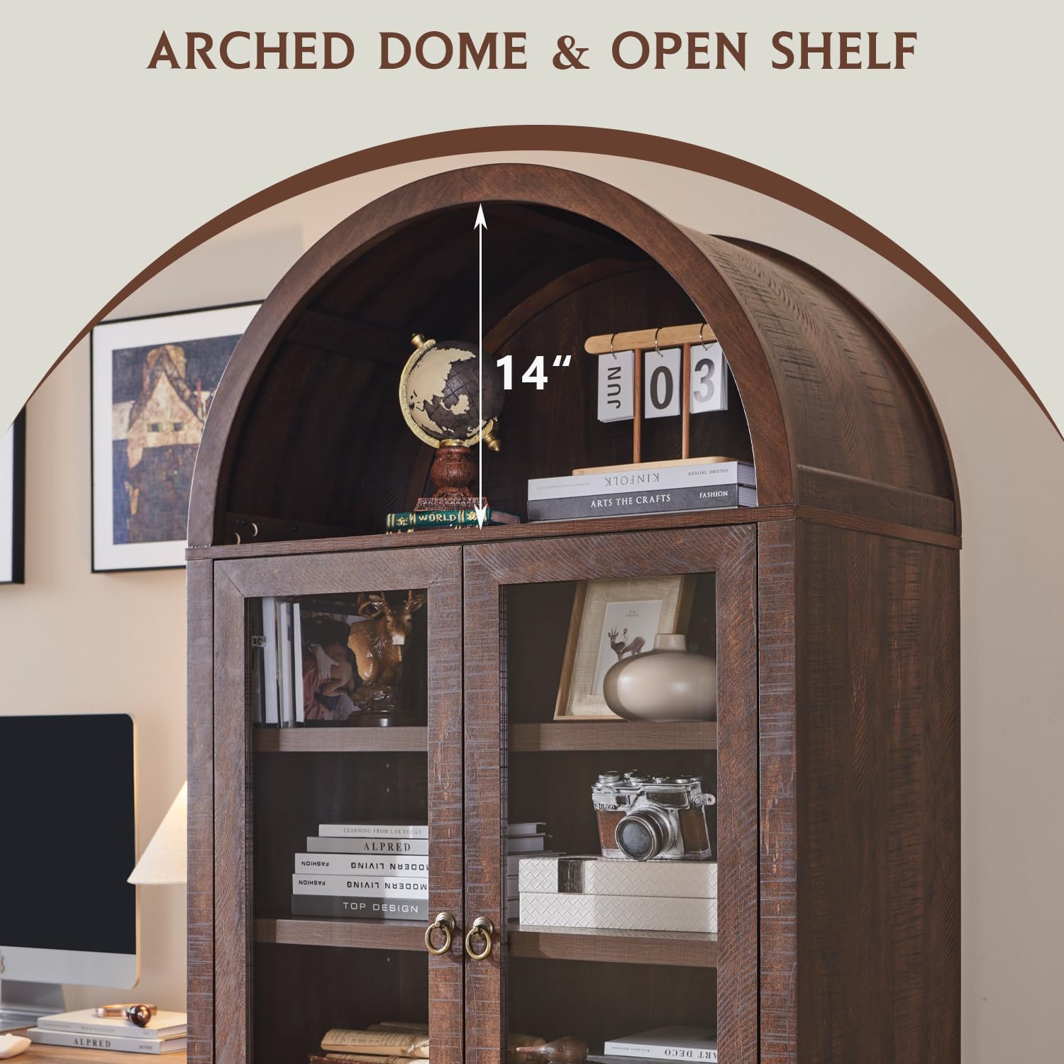 71” Tall Arched Bookshelf, Modern Farmhouse Bookcase w/ Open & Adjustable Shelf, Wooden Display Cabinet with Large Hidden Drawer and Glass Doors, Versatile Bookshelf for Living Room, Bedroom, Grey