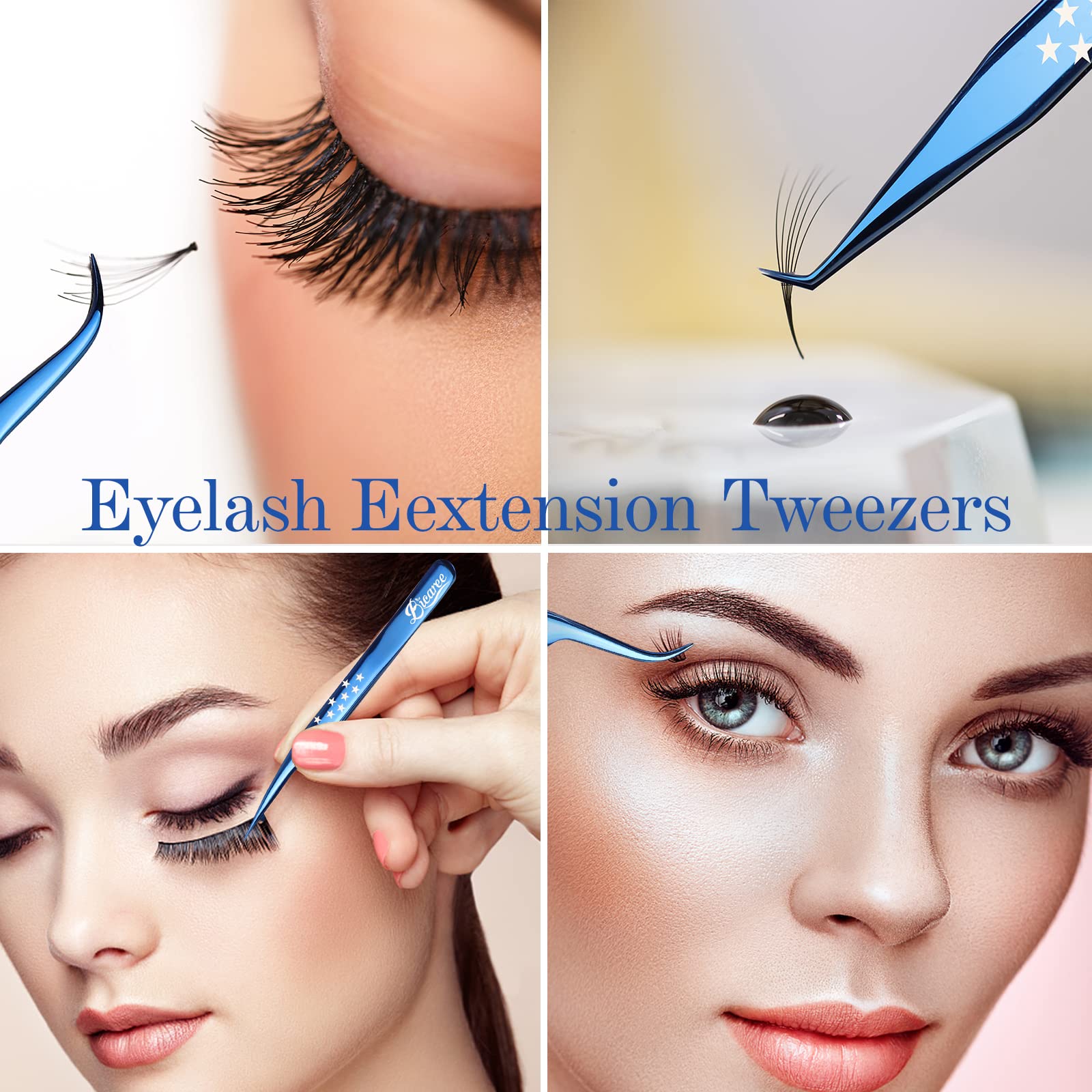 BICAREE Eyelash Extension Tweezers for Isolation & Classic Lashes, Stainless Steel Precision Tweezers (Straight, Blue)