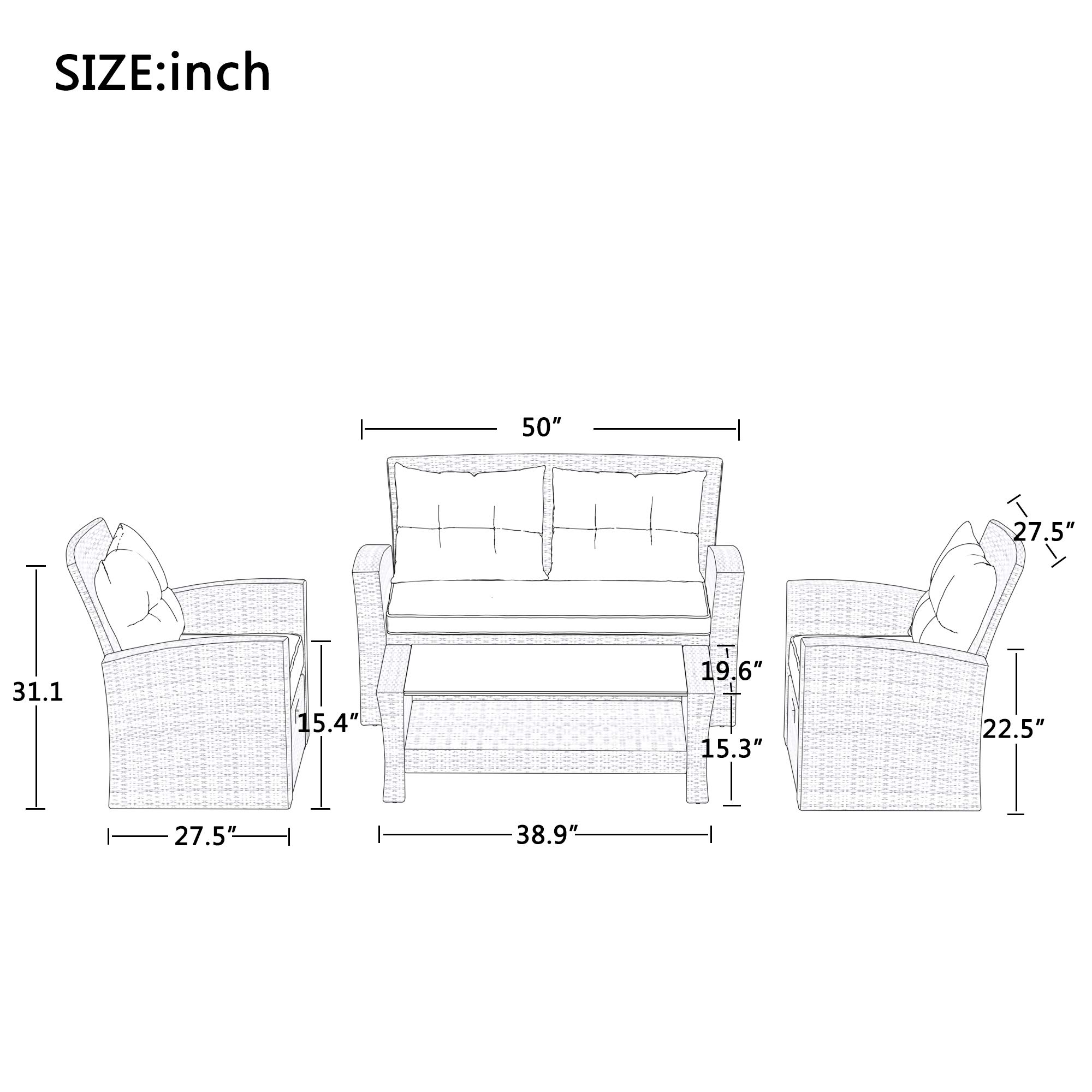 Merax Gray 4 Piece Outdoor Conversation Rattan Wicker Furniture Sectional Sofa Set with Ottoman Cushions