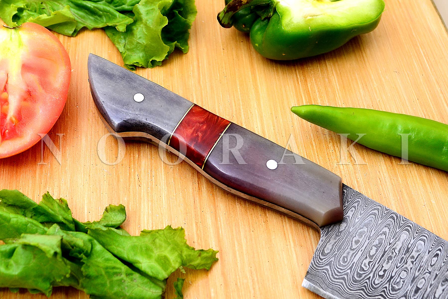 Nooraki KCK335 Hand Forged Damascus Steel Chef Knife Ladder Pattern and Cowhide Sheath, Multipurpose Kitchen Knives with Full Tang Coloured Bone and red resin sheath Handle 12" Length
