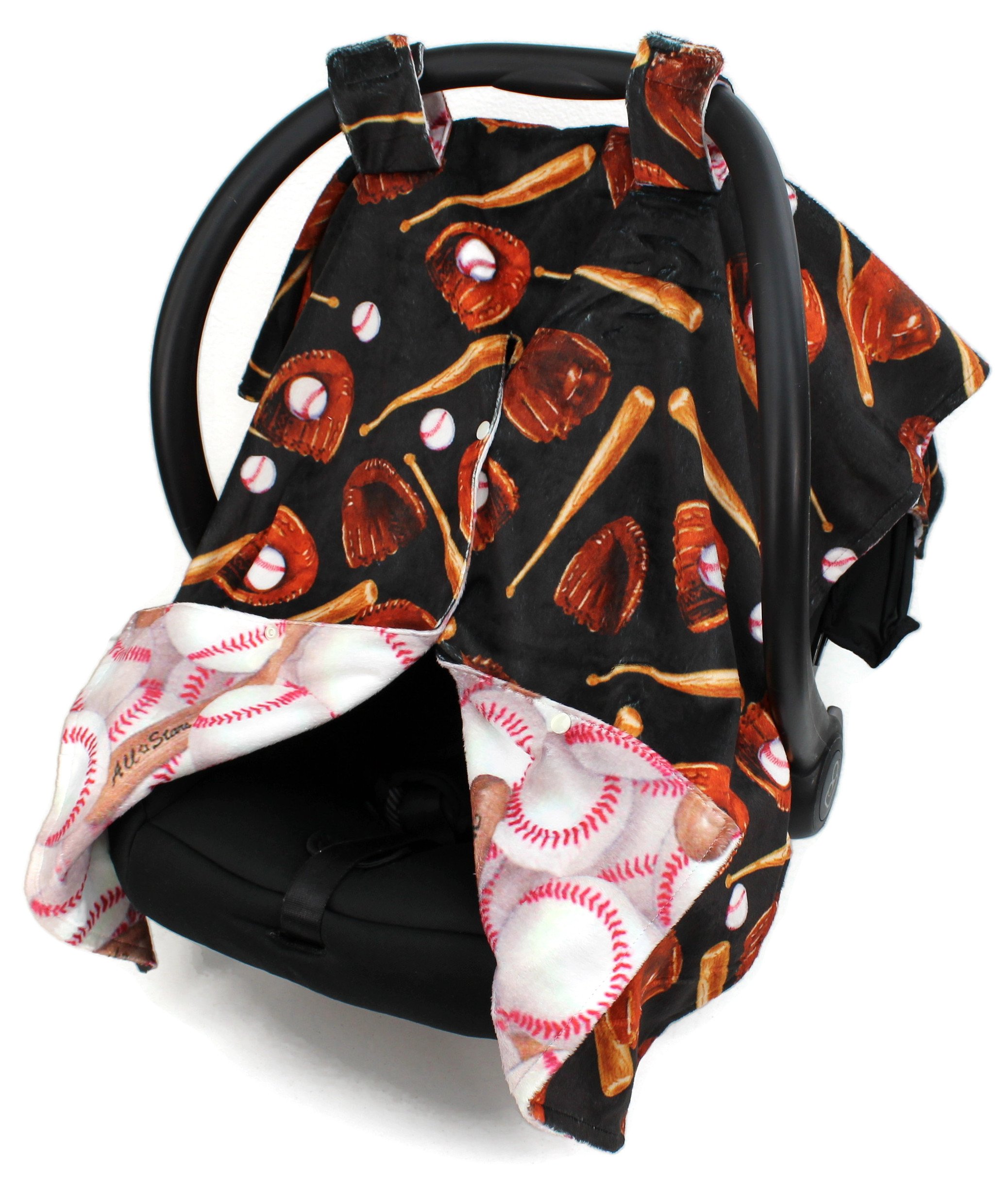 Dear Baby Gear Deluxe Reversible Car Seat Canopy, Custom Minky Print, Baseball Bat Glove